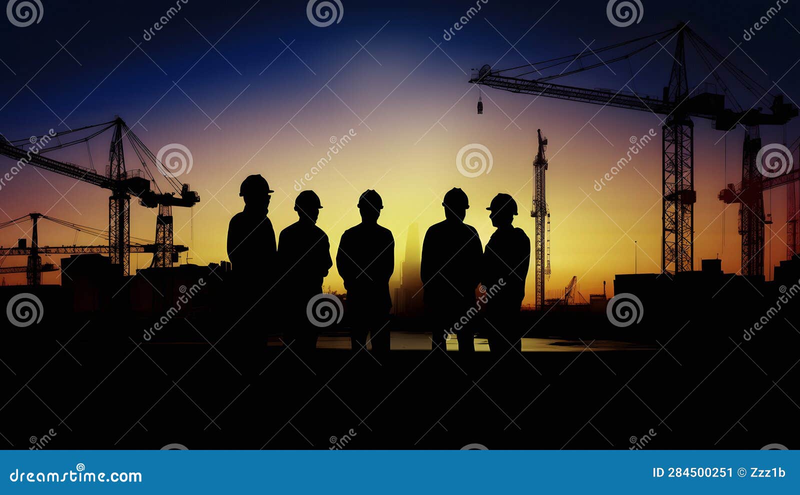 Silhouettes of Engineer and Construction Team Working at Sunrise or ...
