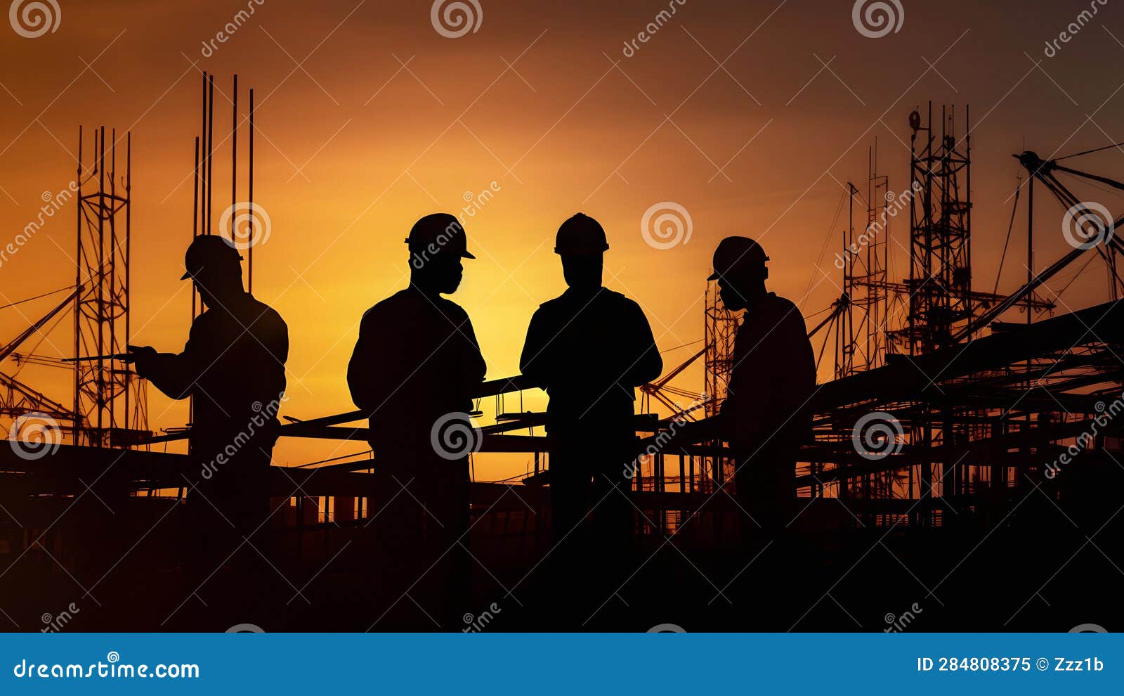 Silhouettes of Engineer and Construction Team Working at Sunrise or ...