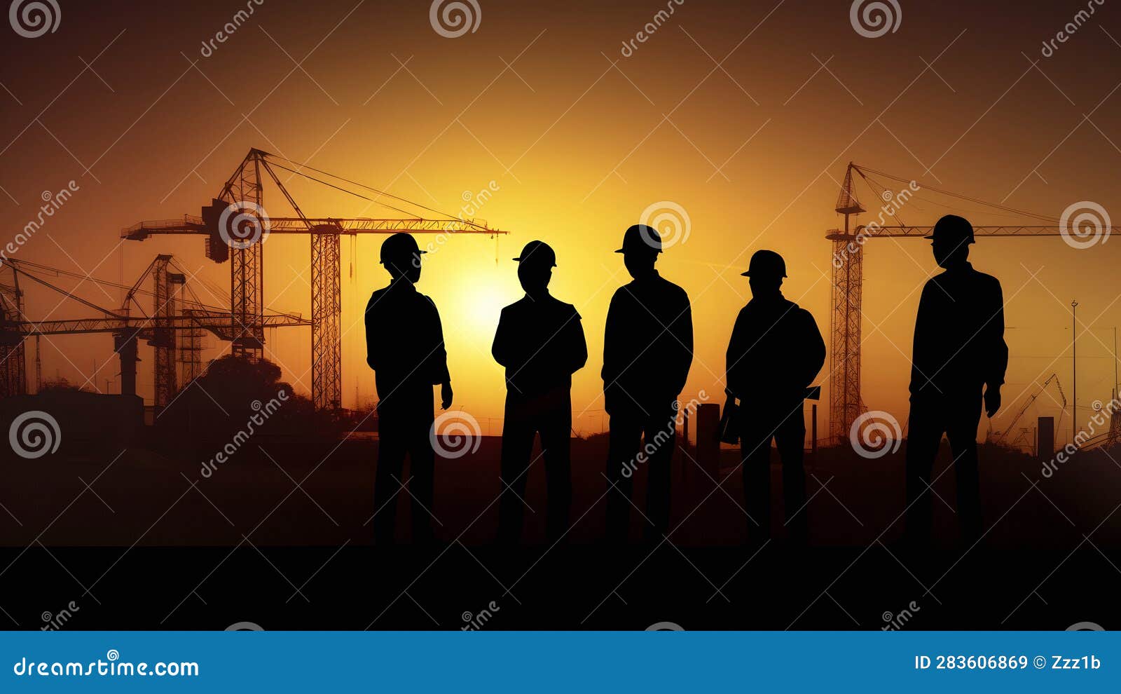 Silhouettes of Engineer and Construction Team Working at Sunrise or ...