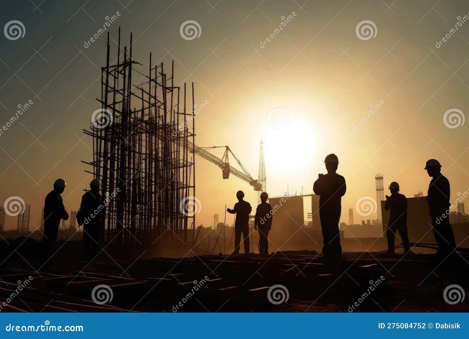 Silhouettes of Engineers at Construction Site at Sunset. Generative AI ...