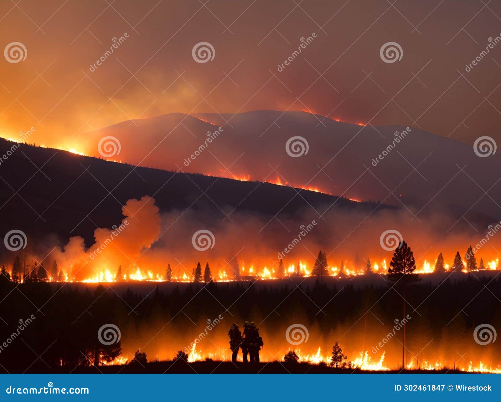 Silhouettes of Firefighters Observing a Raging Wildfire Burning in the ...