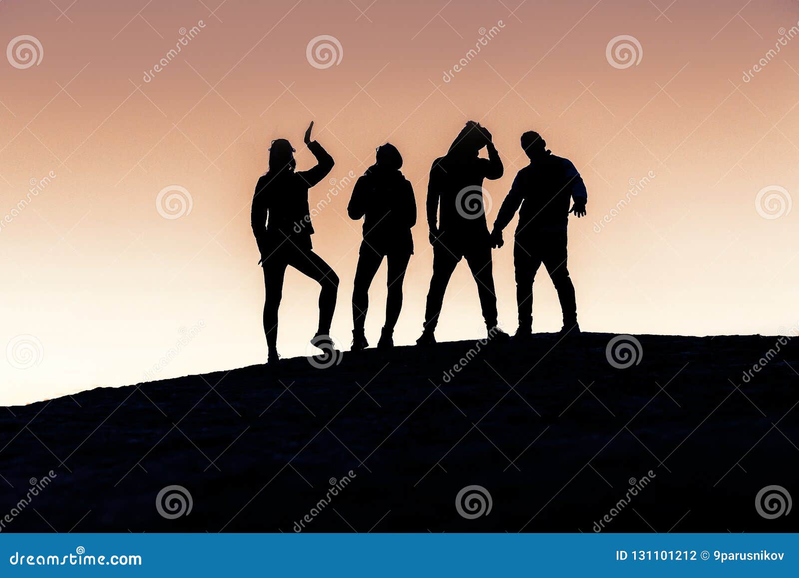Silhouettes of Five Young People, Group of Friends. Stock Photo - Image ...
