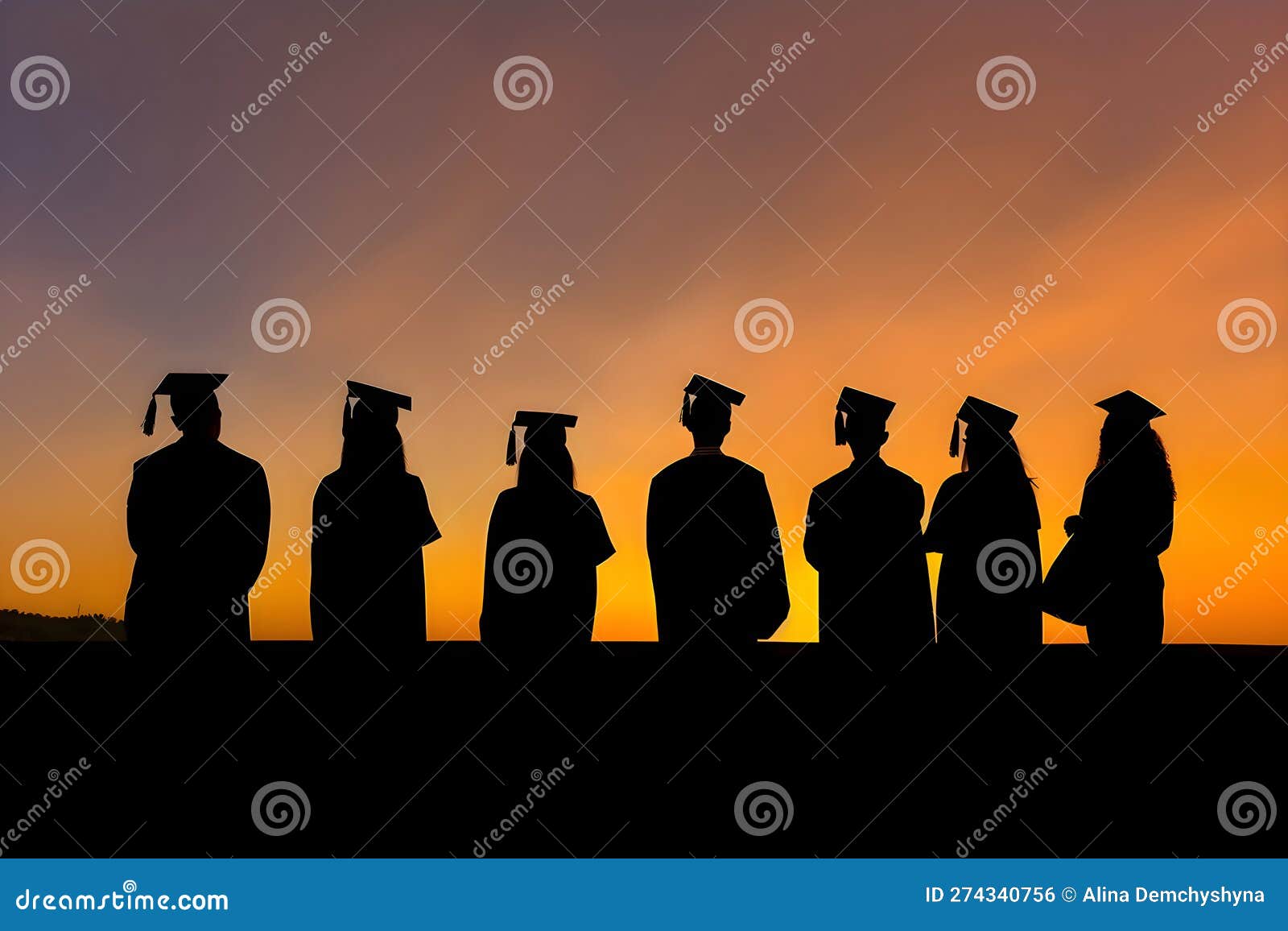Silhouettes of Graduates in Graduation Caps at Sunset, Generative AI ...