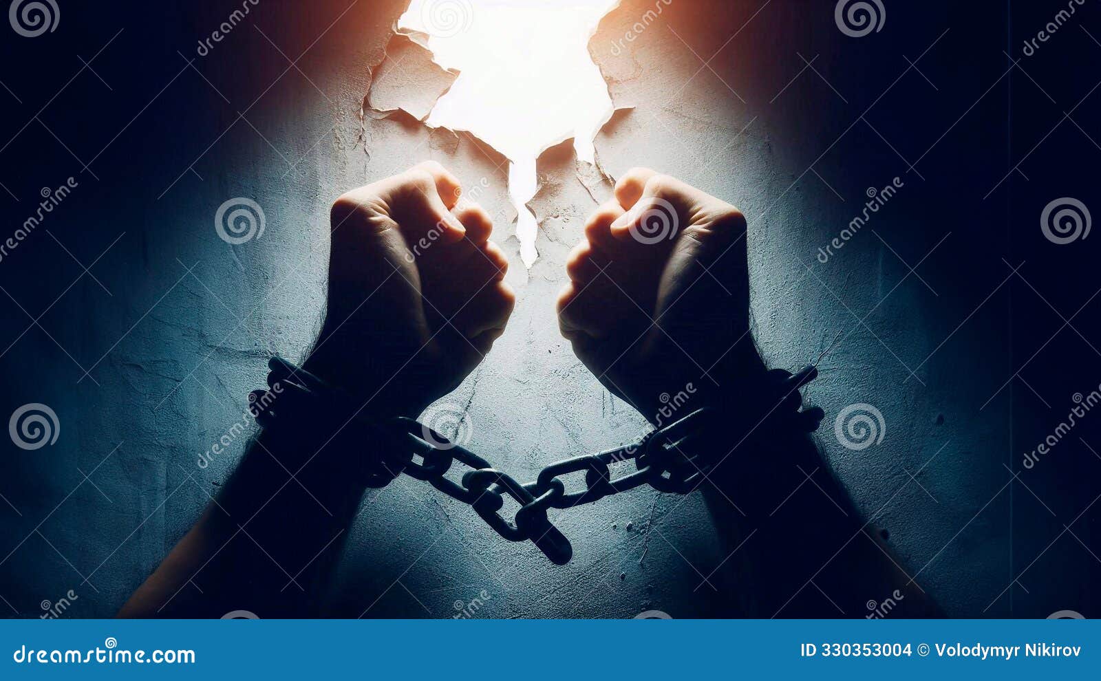 Silhouettes of Hands Breaking a Chain Against a Wall. Freedom Concept ...