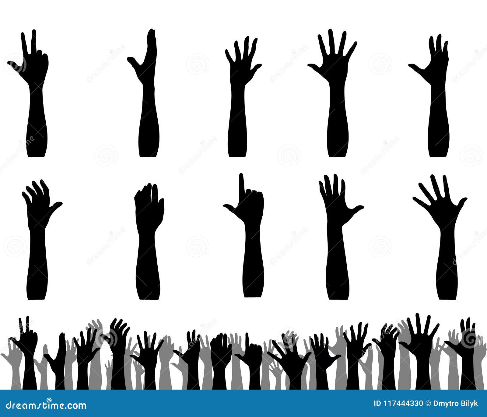 Silhouettes of hands up stock vector. Illustration of gesture - 117444330