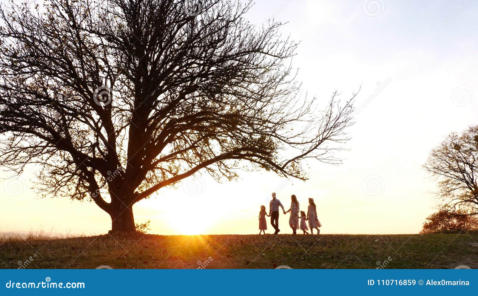 Silhouettes of Happy Family Walking in the Meadow Near a Big Tree ... Silhouettes of Happy Family Walking in the Meadow Near a Big Tree ...