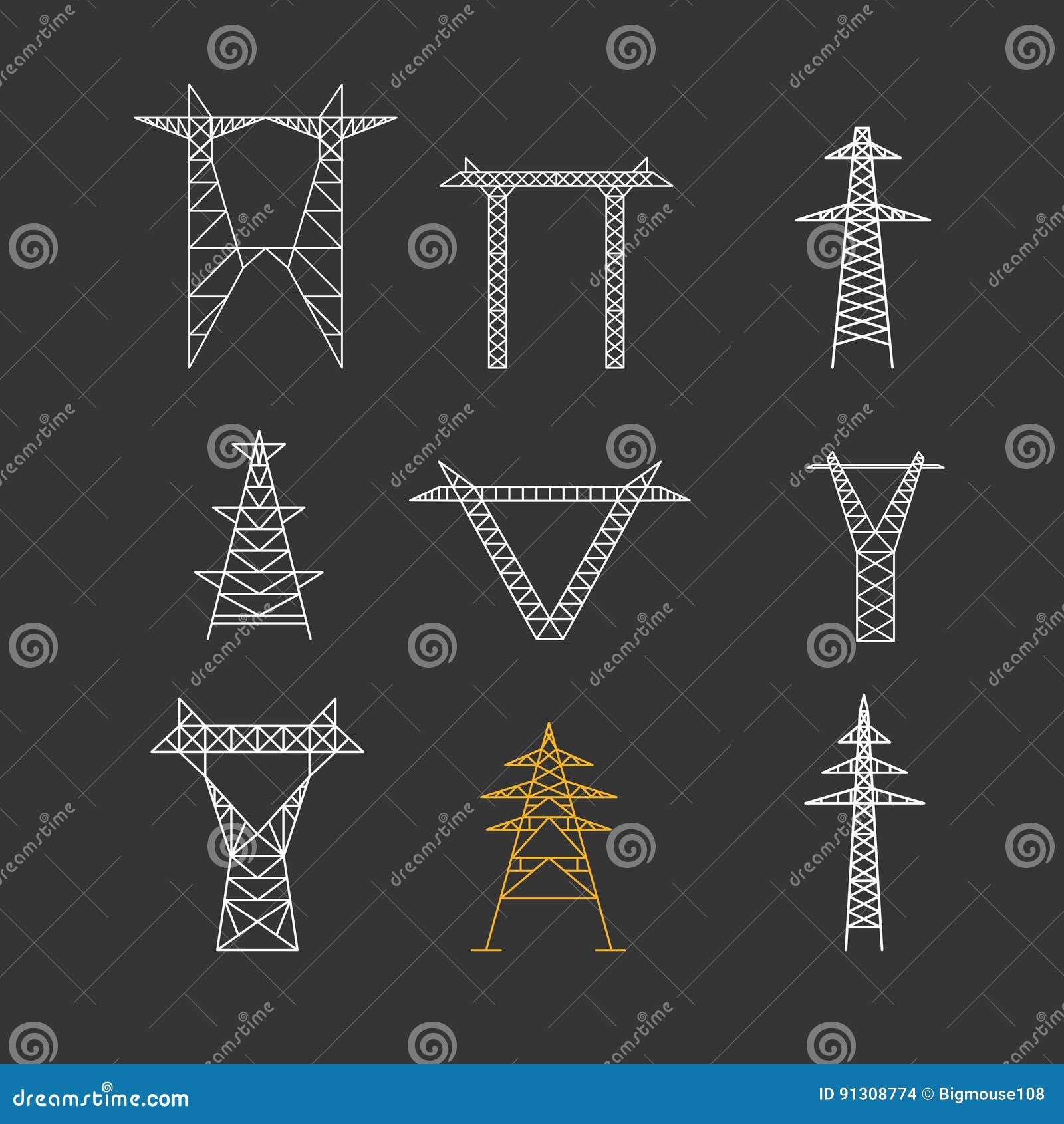 Silhouettes of High Voltage Electric Post Icon Set. Vector Stock Vector ...