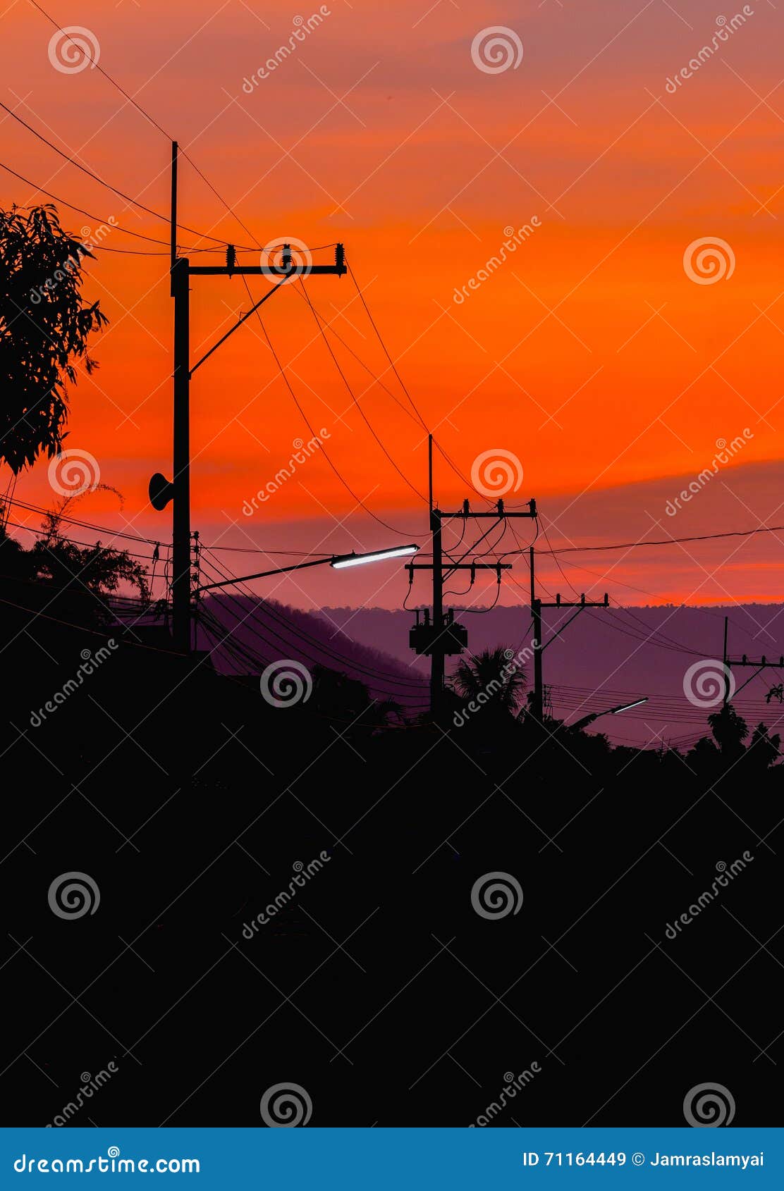 Silhouettes Of Power Lines On Sunset Background. Stock Image ...