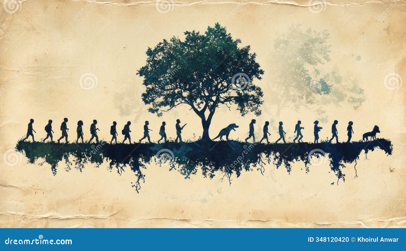 Silhouettes of Humans and Dinosaurs Walking on a Path with a Tree in ...
