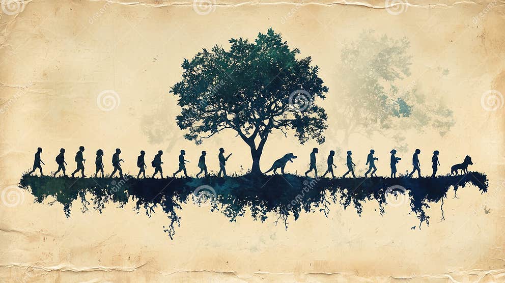 Silhouettes of Humans and Dinosaurs Walking on a Path with a Tree in ...