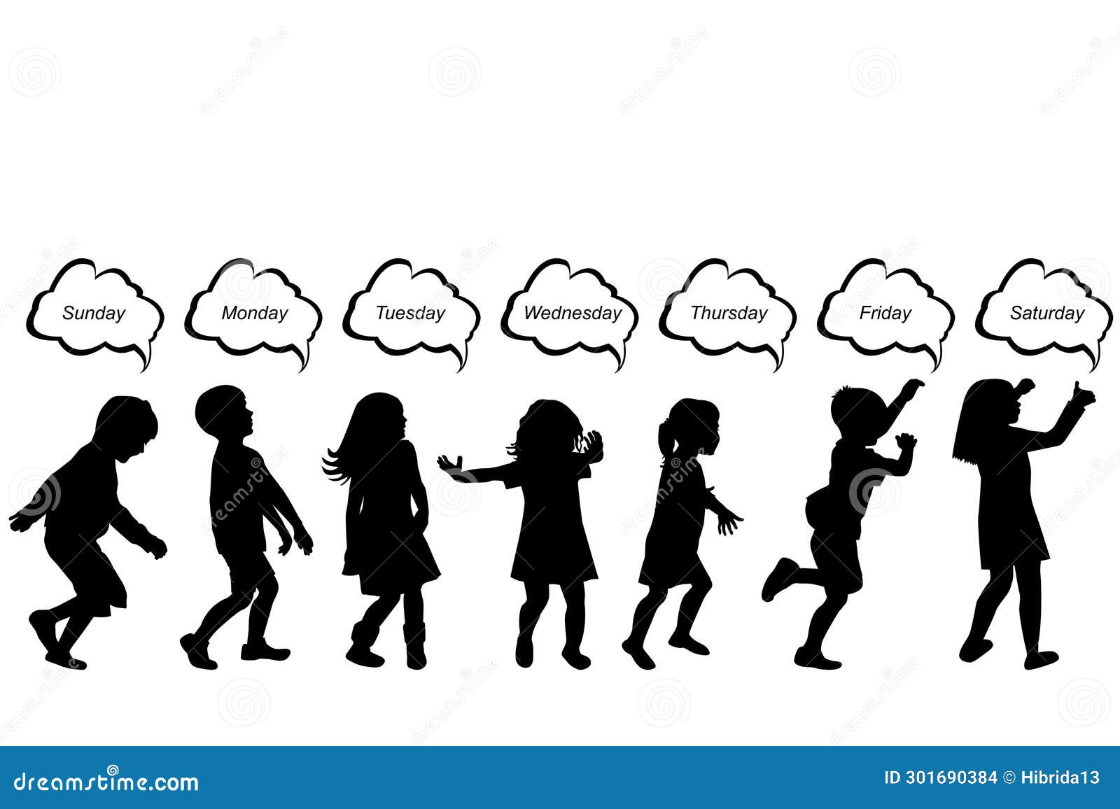 Silhouettes of Kids with Days of the Week Stock Vector - Illustration ...