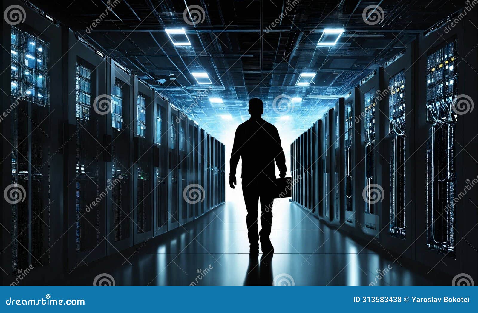 Silhouettes of a Man S Back in a Data Center Stock Illustration ...
