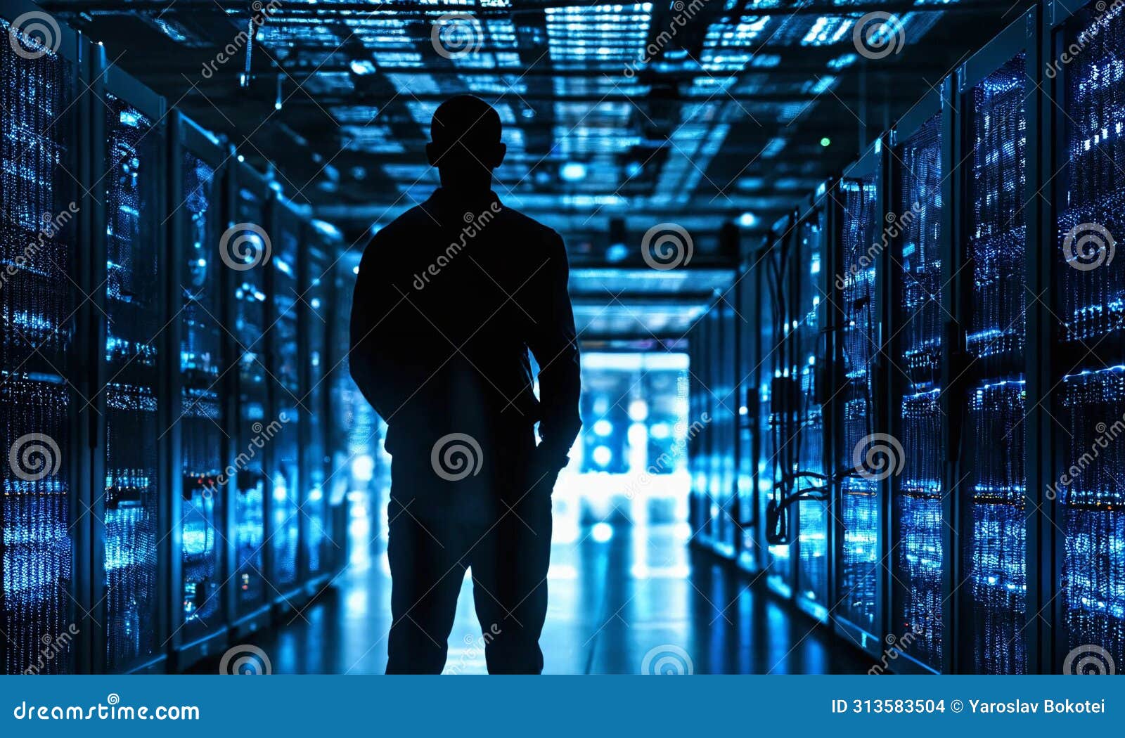 Silhouettes of a Man S Back in a Data Center Stock Illustration ...