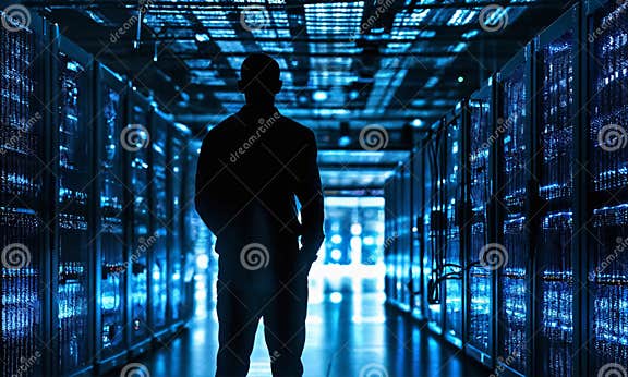 Silhouettes of a Man S Back in a Data Center Stock Illustration ...
