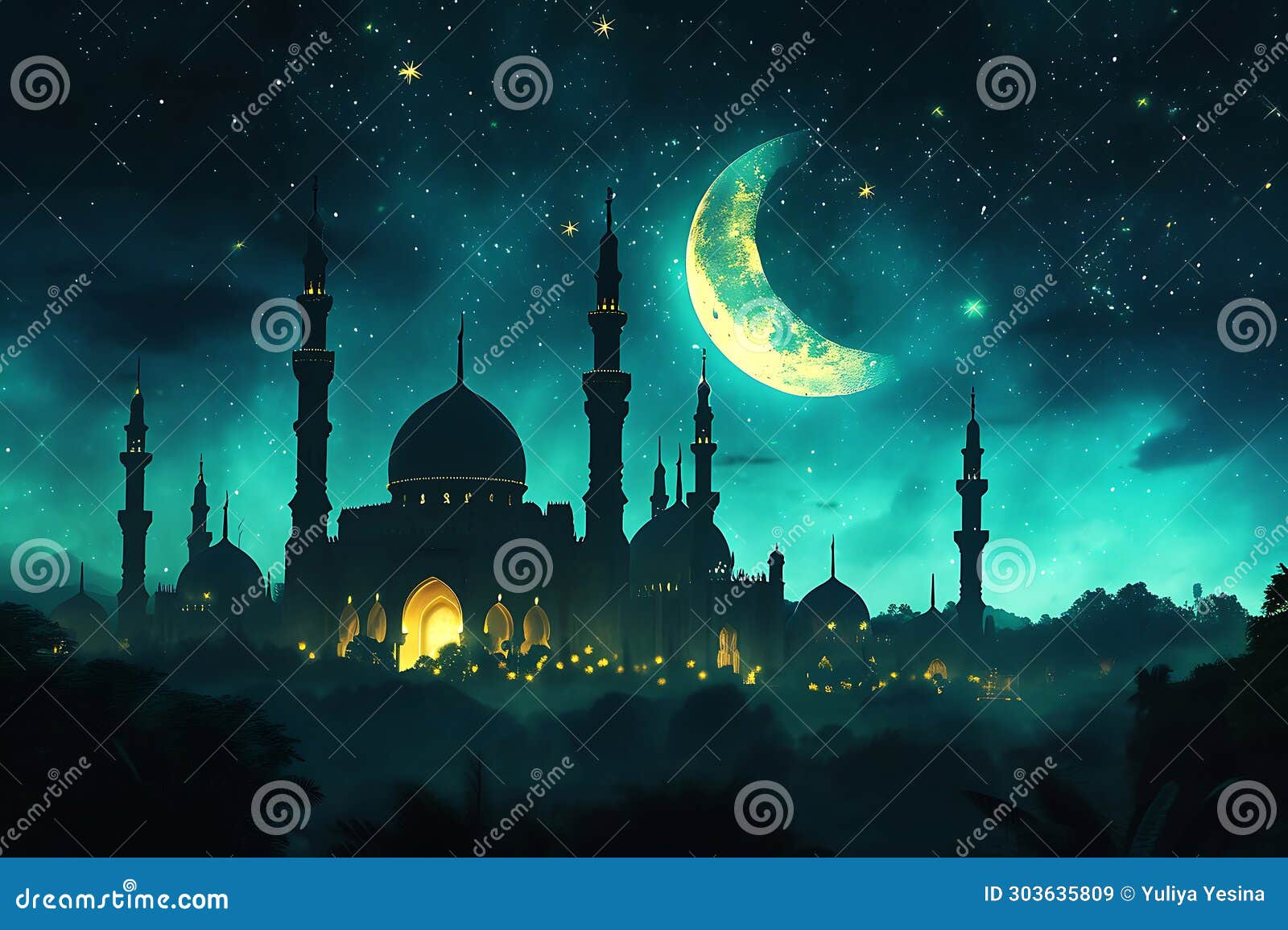Ramadan Kareem. Majestic Mosque in Moonlight Stock Image - Image of ...