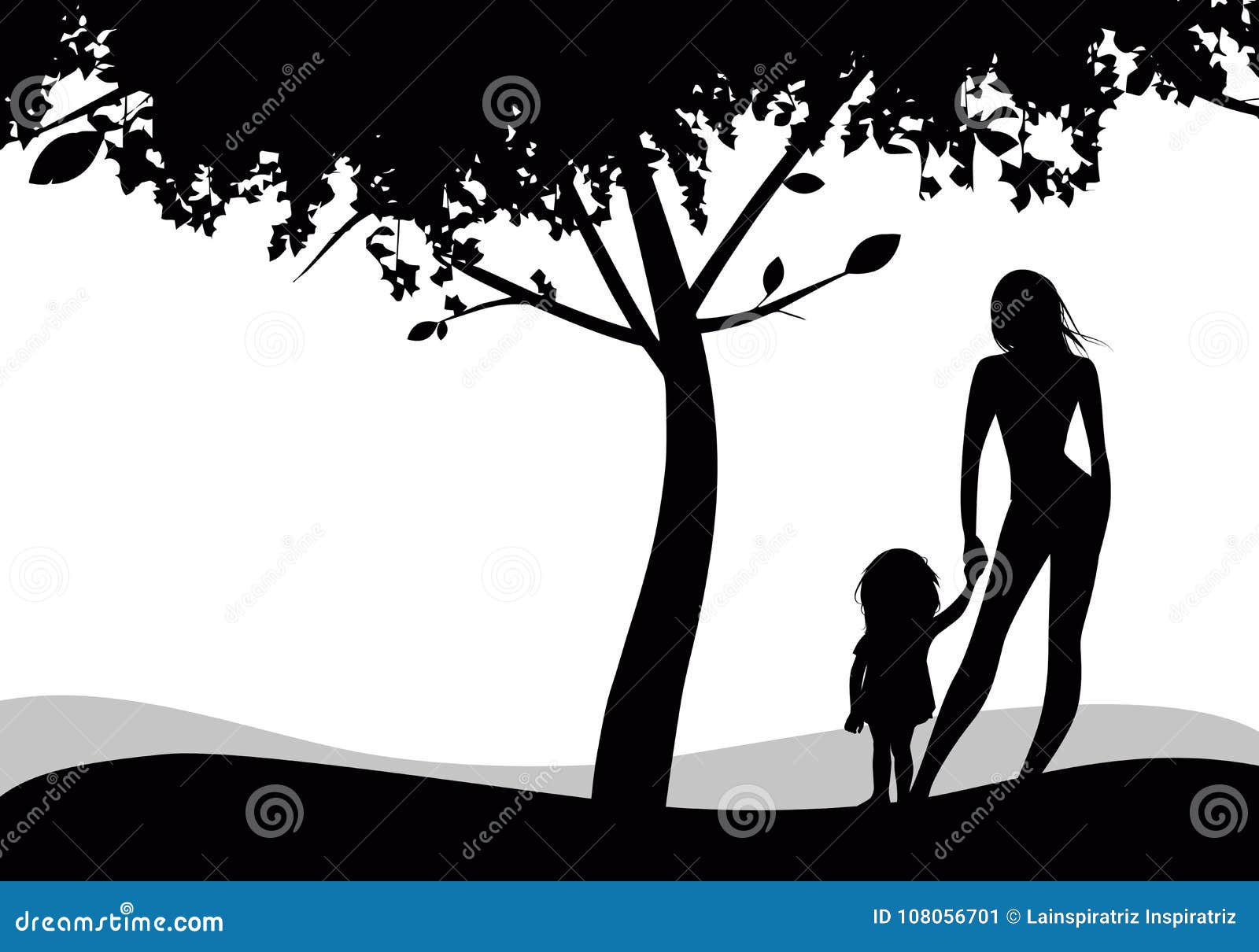 Silhouettes Of Mother And Daughter Looking To The Horizon Under A Tree