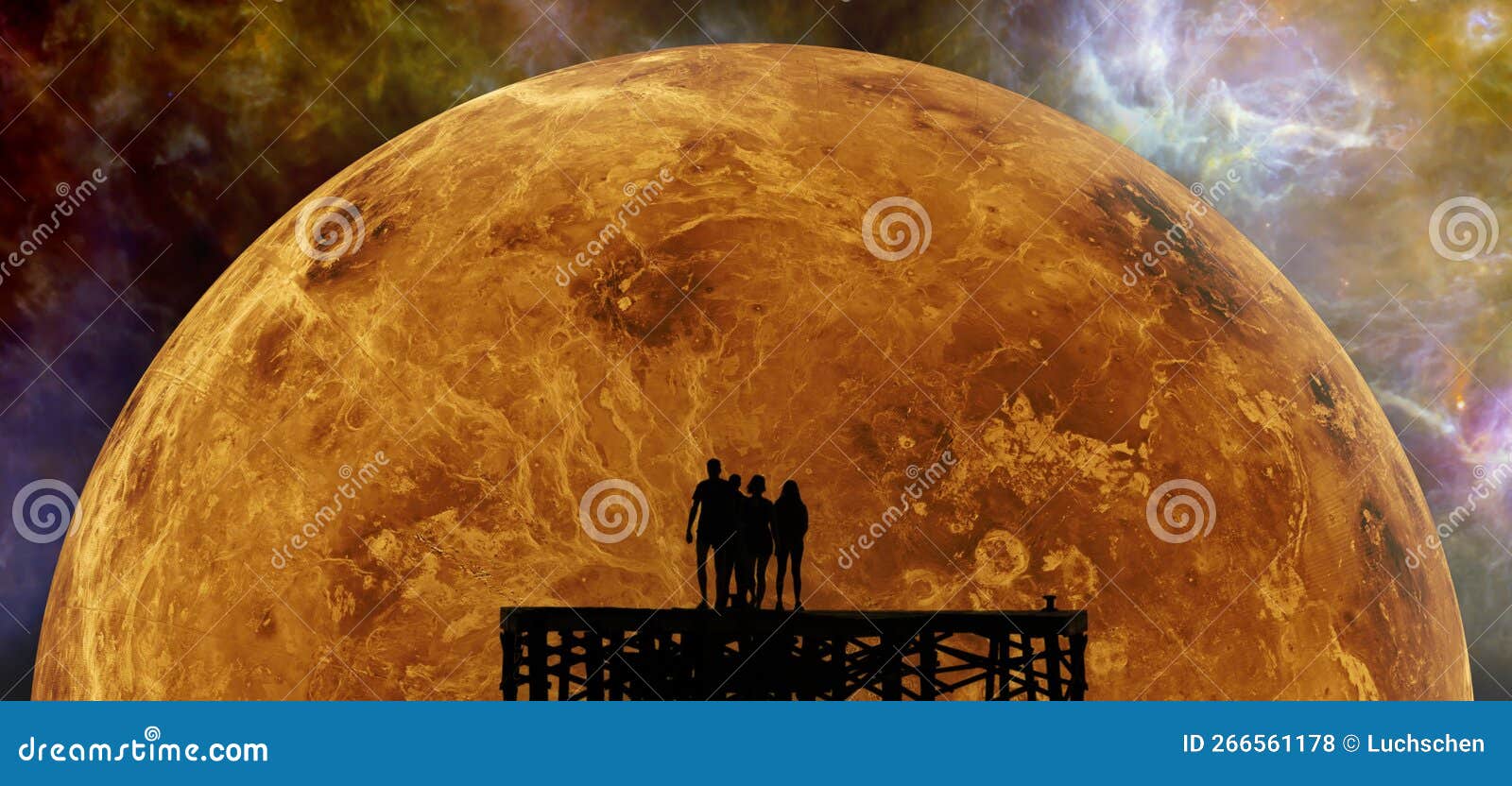 Silhouettes of People Against the Backdrop of a Giant Orange Planet and ...