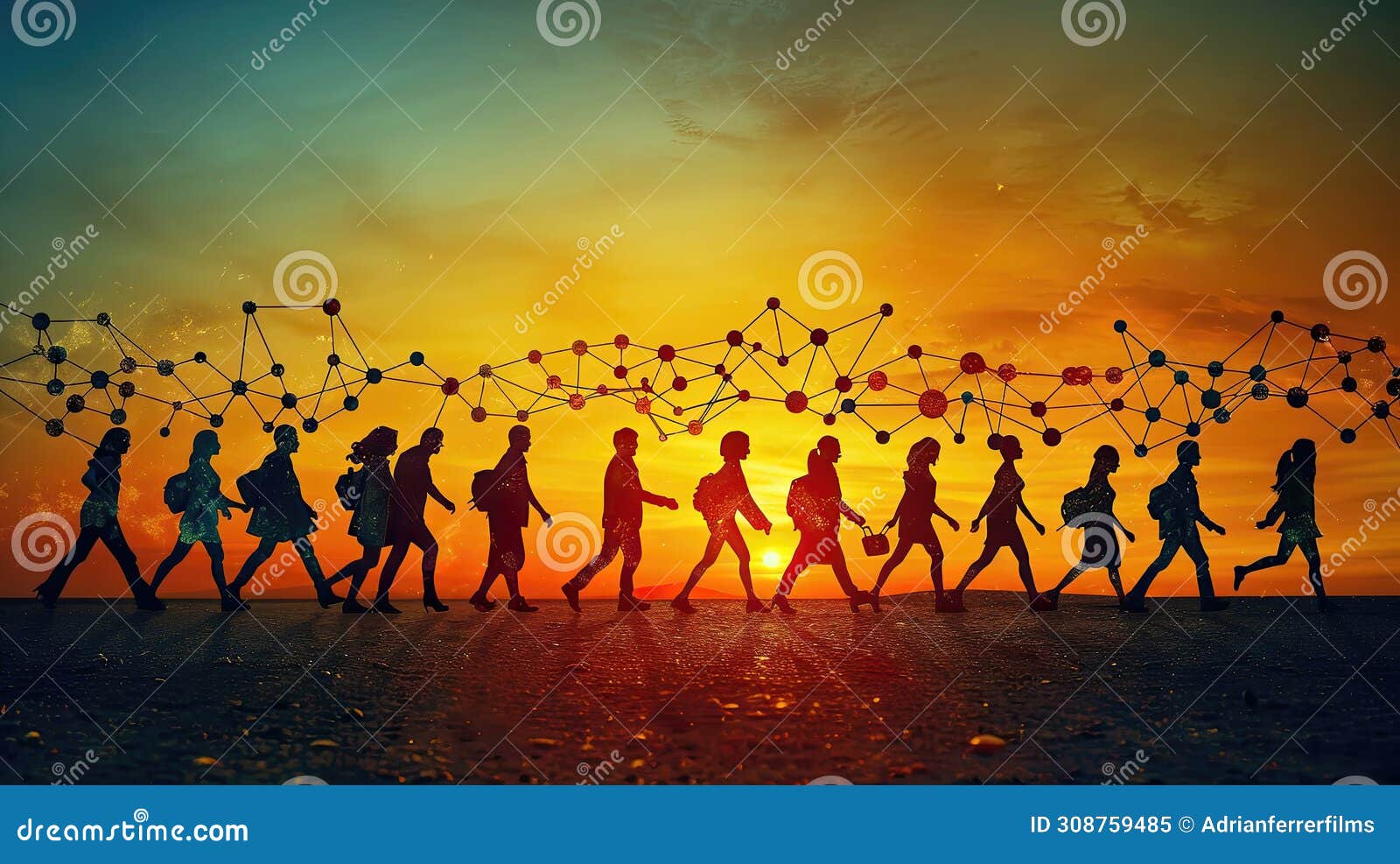 Silhouettes of People Connected by Lines and Dots at Sunset. Stock ...