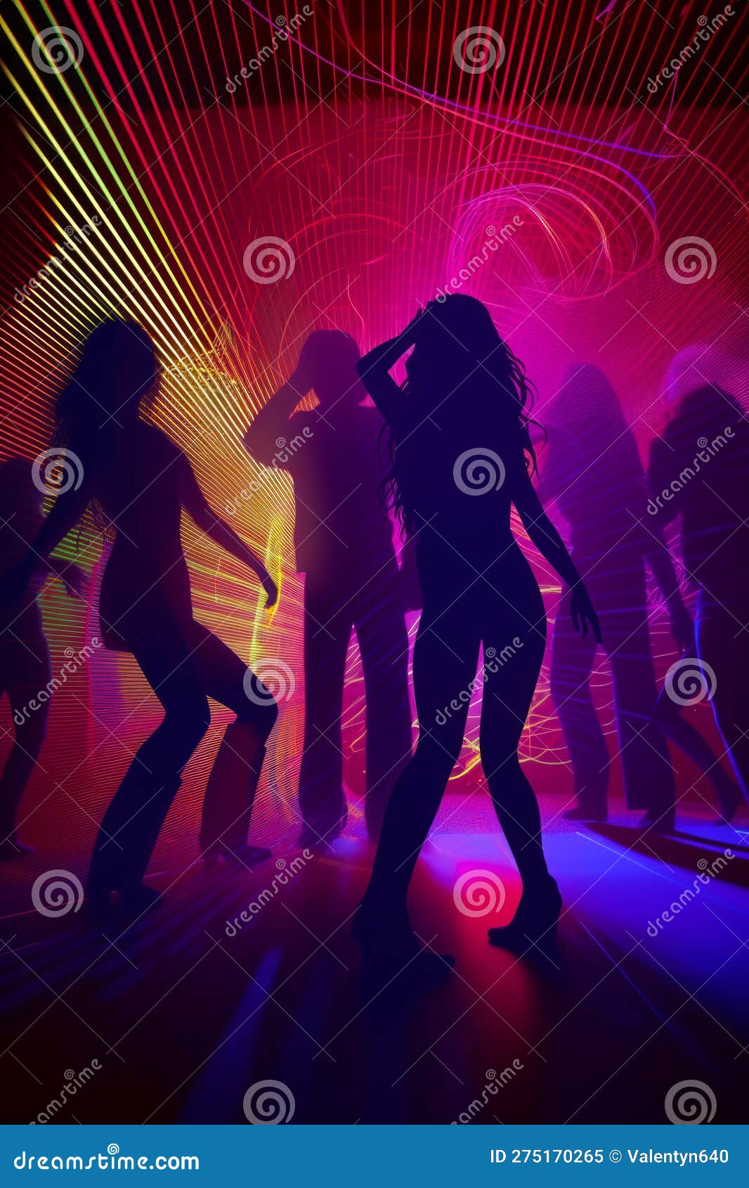 Silhouettes of People Dancing in Disco Scene with Colored Lights and ...