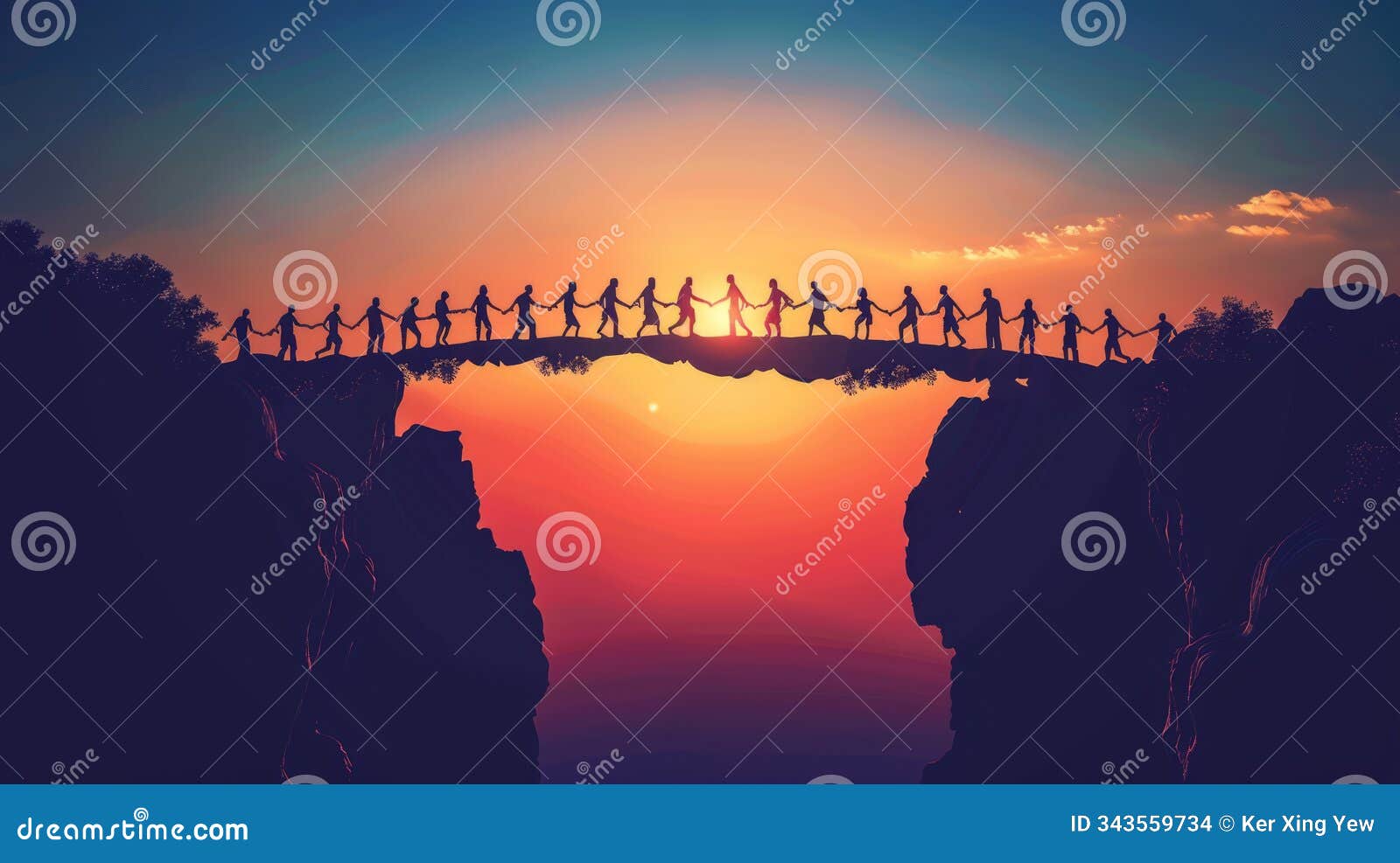 Silhouettes of People Forming a Bridge of Unity Stock Illustration ...