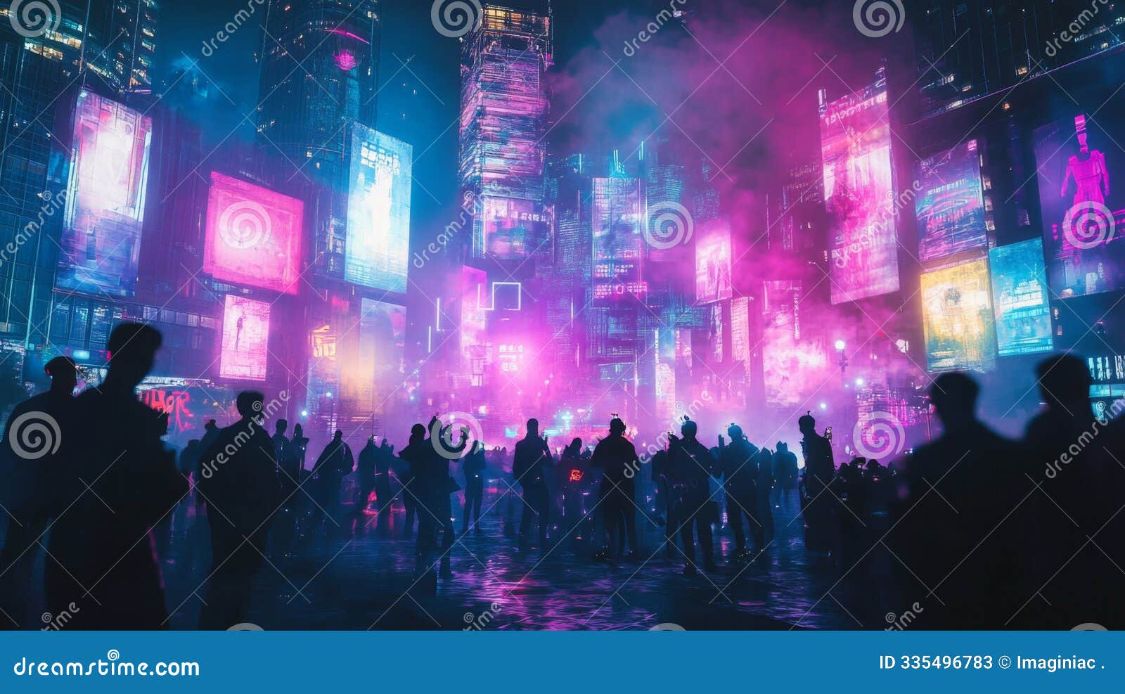 Silhouettes of People in a Futuristic City with Neon Signs Stock ... Silhouettes of People in a Futuristic City with Neon Signs Stock ...