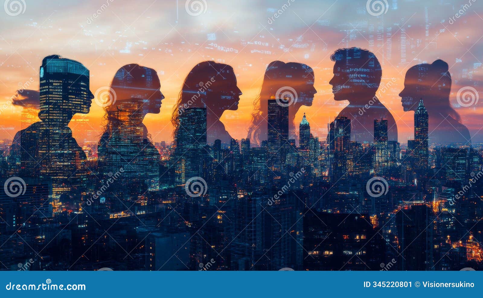 Silhouettes of People Overlapping with a Night City Skyline Stock Image ...