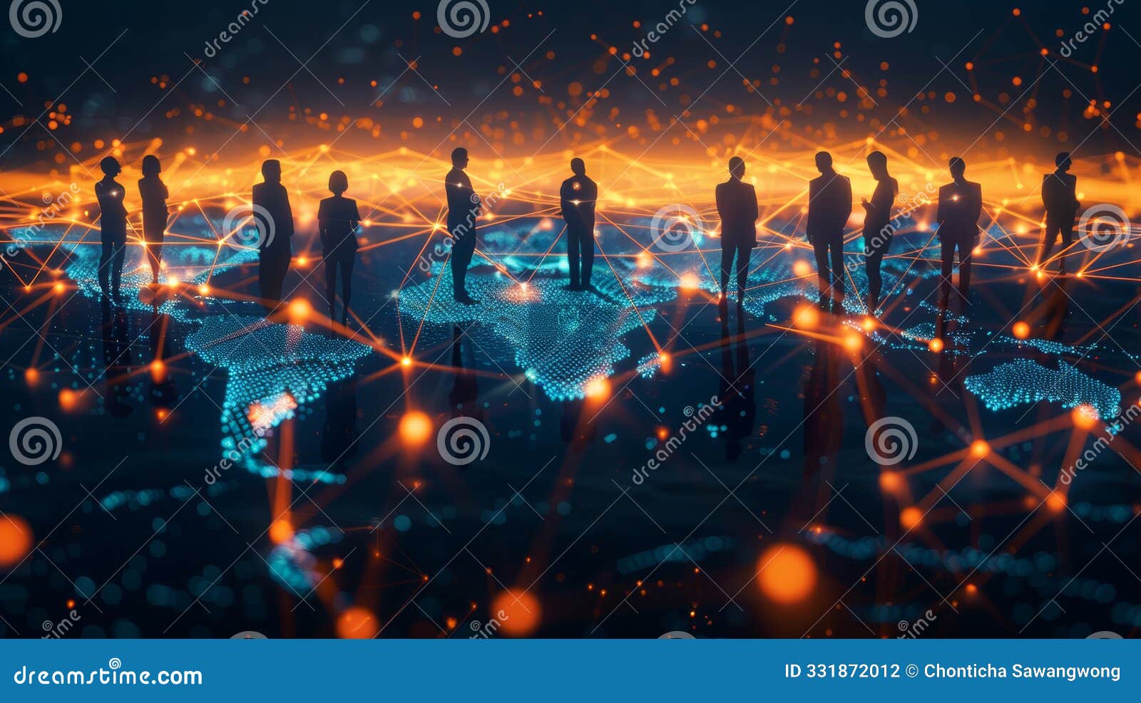 Silhouettes of People Standing on a Glowing World Map, Representing ...