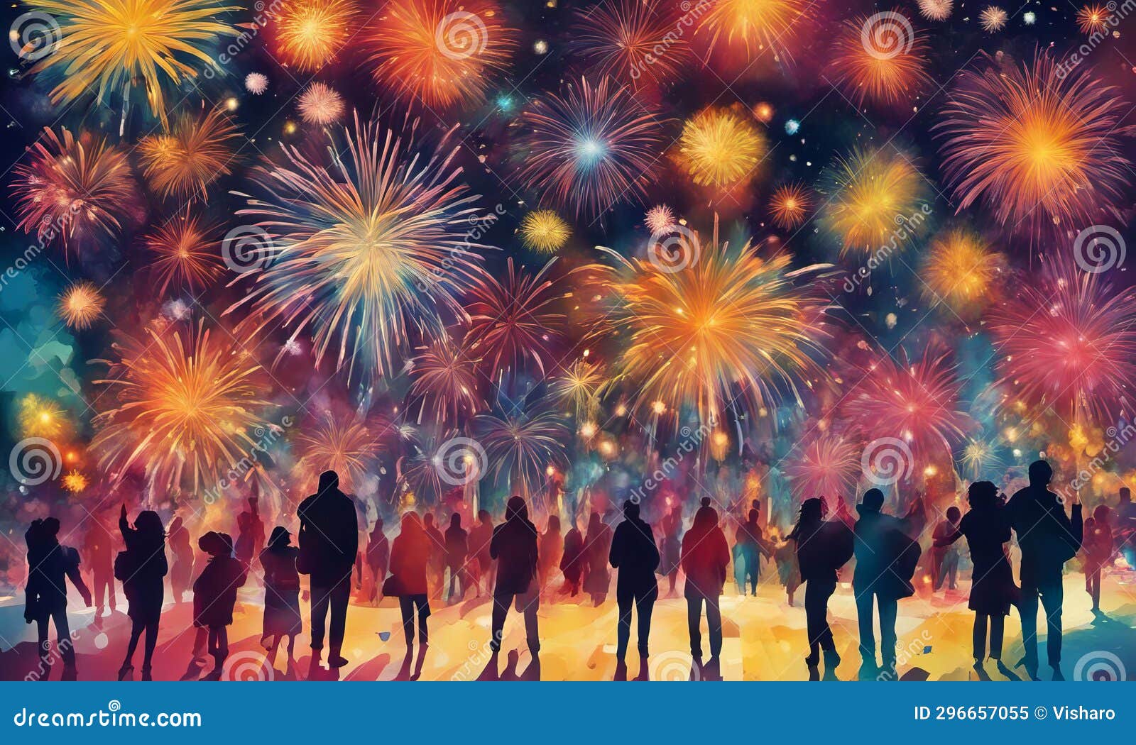 Silhouettes of People Watching Fireworks in the Night Sky Stock ...