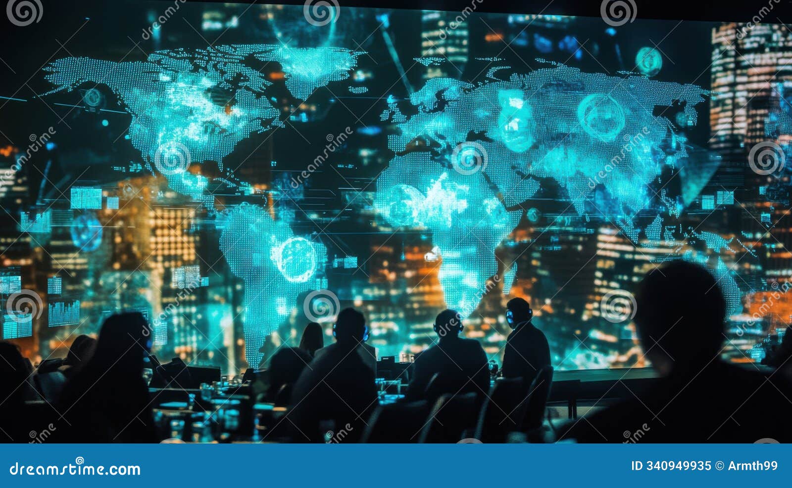 Silhouettes of People Watching World Map Data on Large Screen in Dark ...