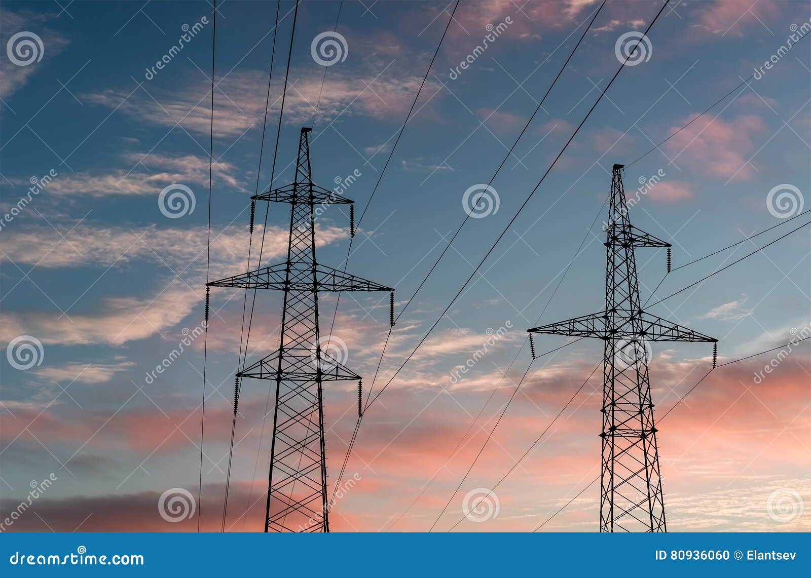 Silhouettes Of Power Lines On Sunset Background. Stock Photography ...