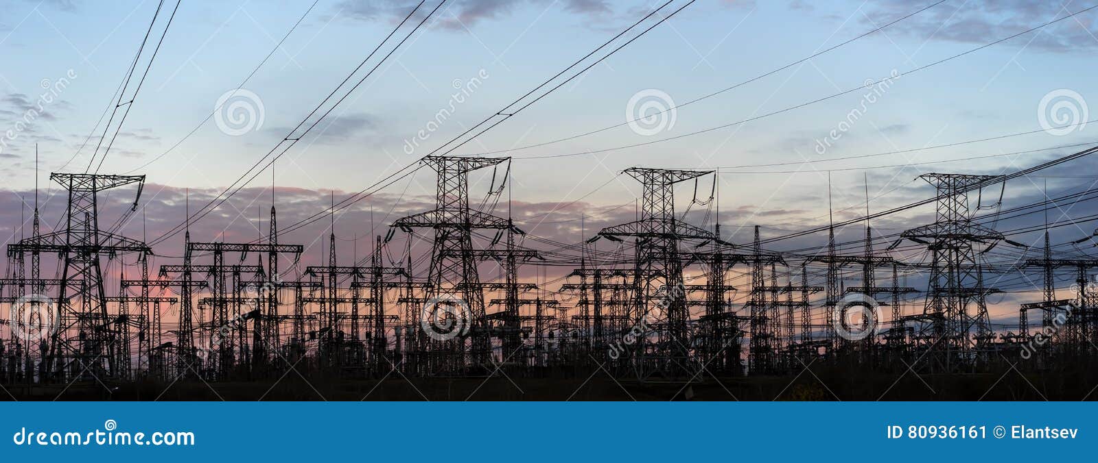 Silhouettes of Power Lines on Sunset Background. Stock Image - Image of ...