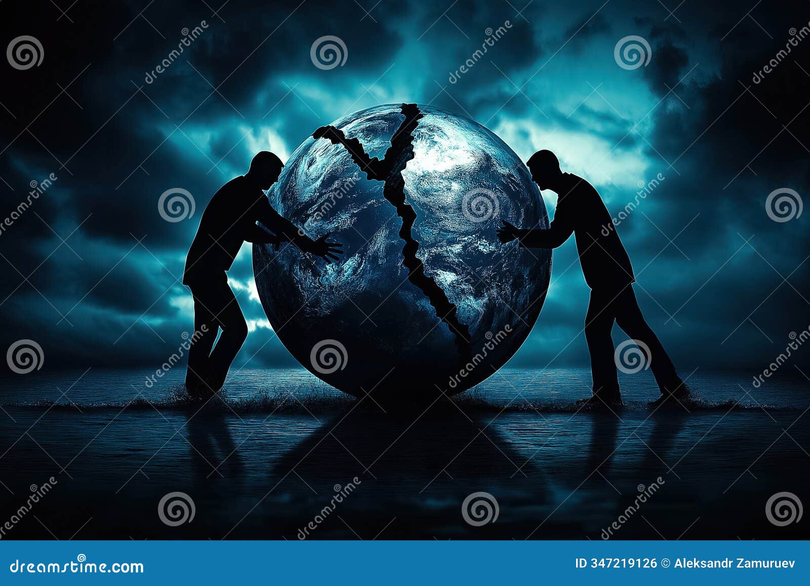 Silhouettes Push Against a Split Globe Under Dark Clouds, Symbolizing ...