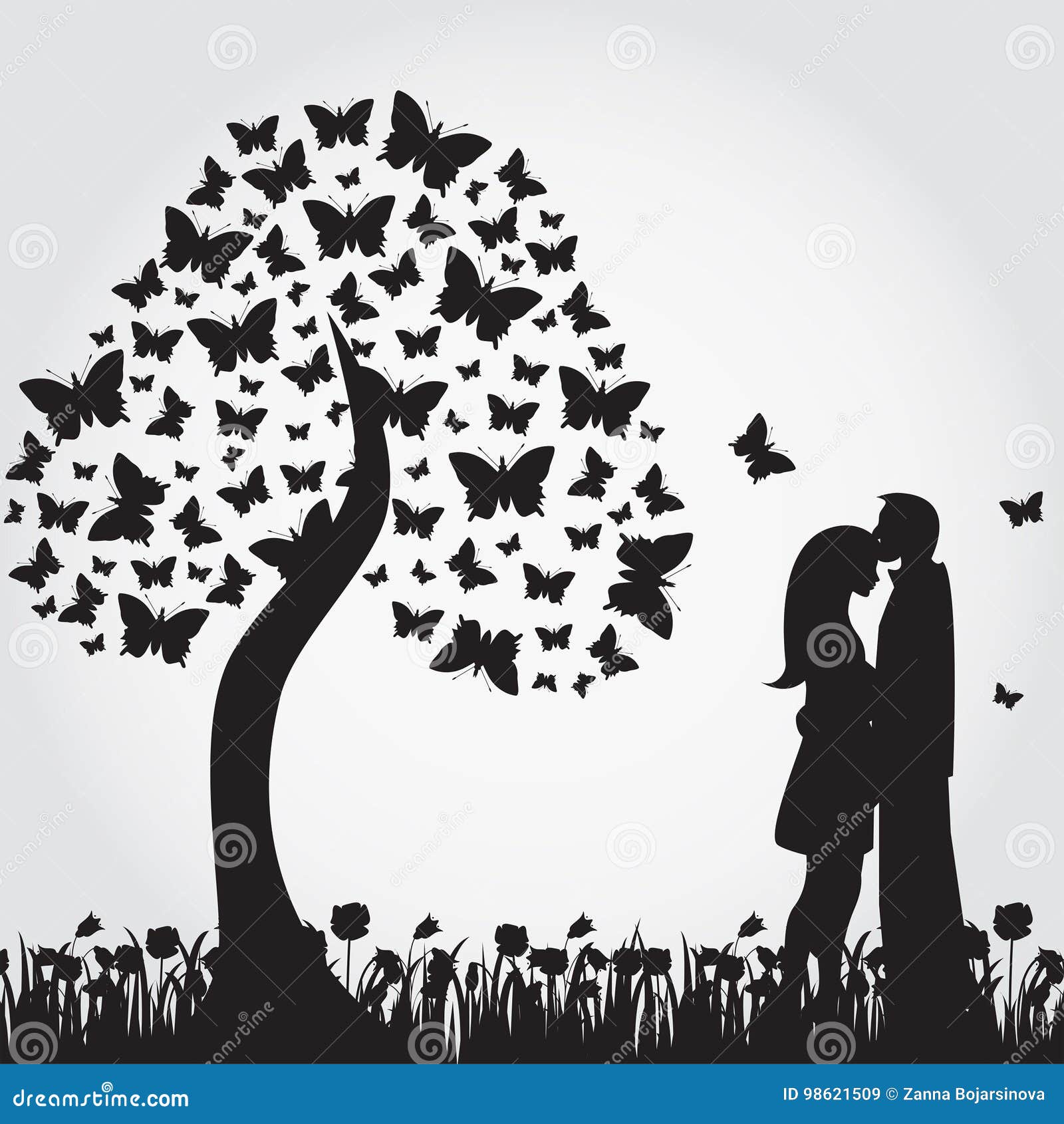 Silhouettes of Romantic Tree from Butterflies and Lovers. Stock Vector ...