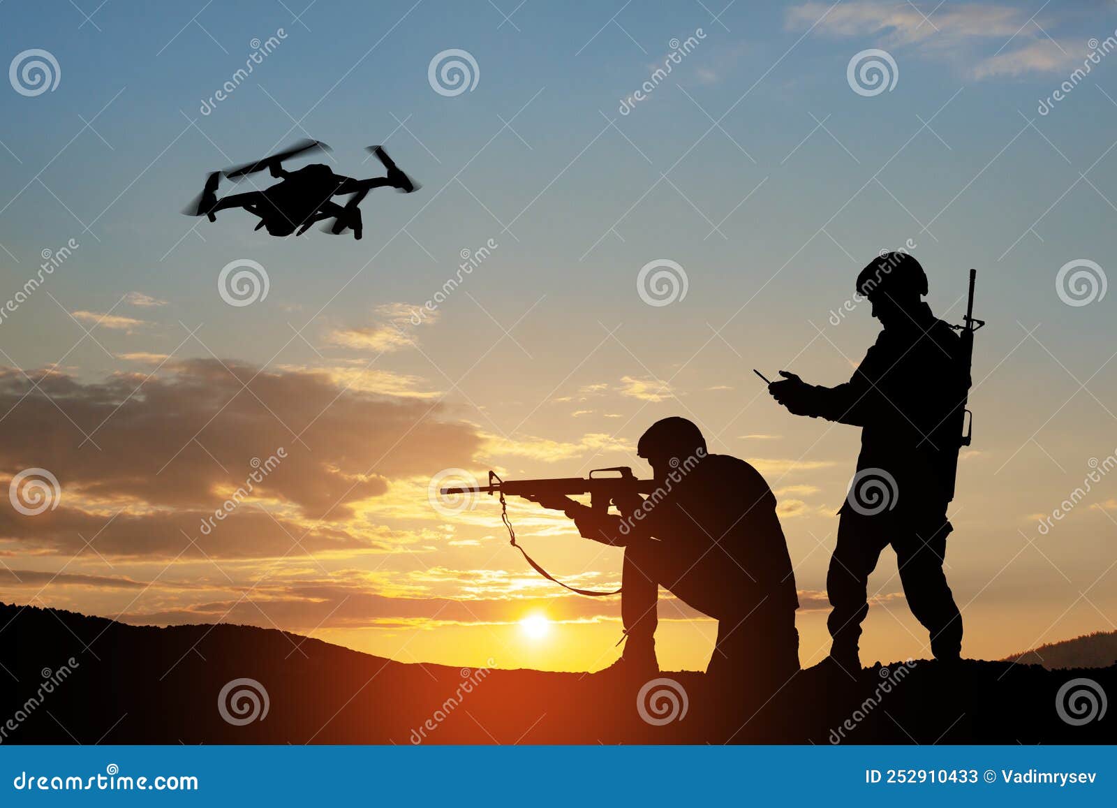 Silhouettes of Soldiers are Using Drone and Laptop Computer for ...