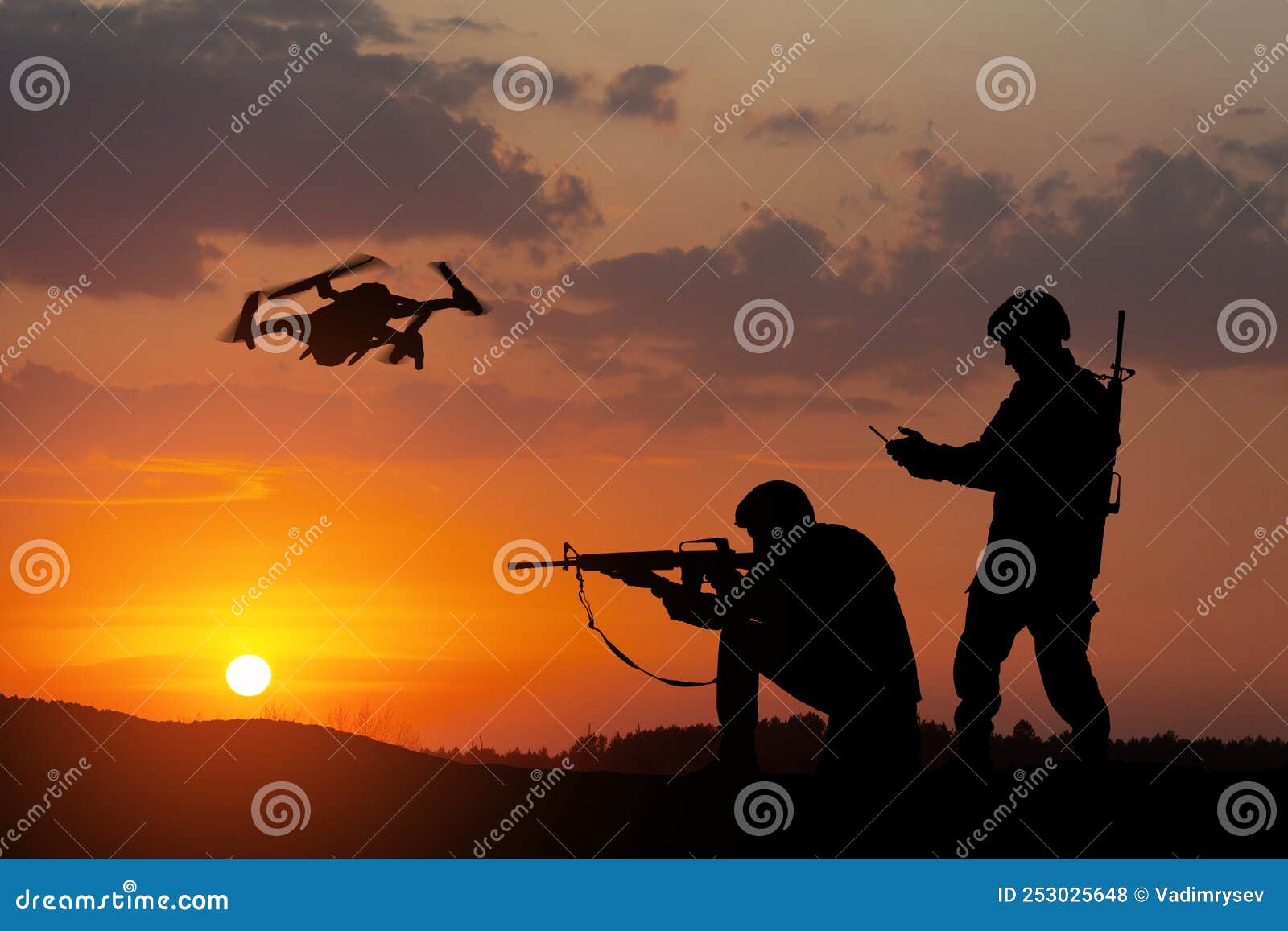 Silhouettes of Soldiers are Using Drone and Laptop Computer for ...