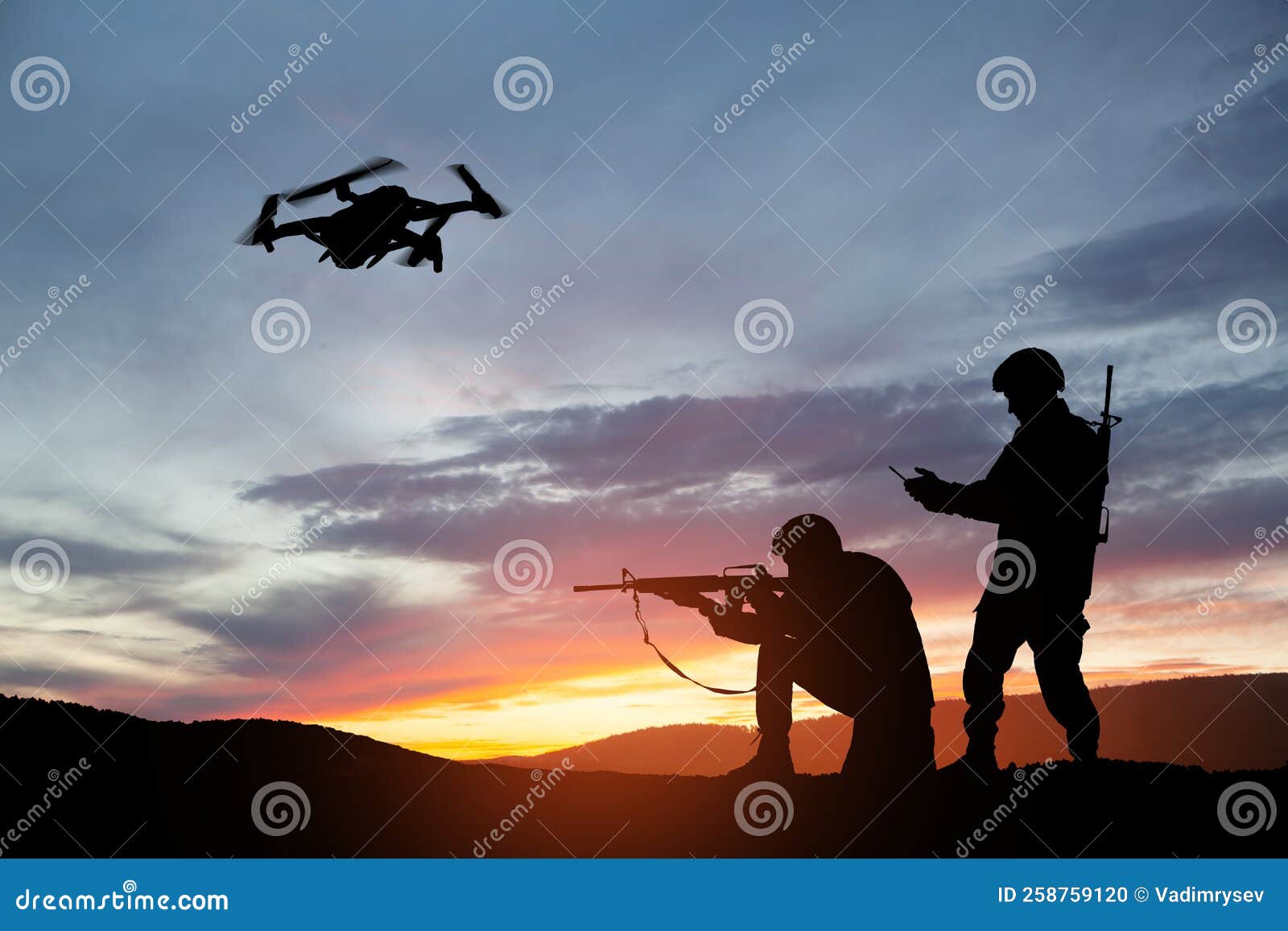 Silhouettes of Soldiers are Using Drone and Laptop Computer for ...