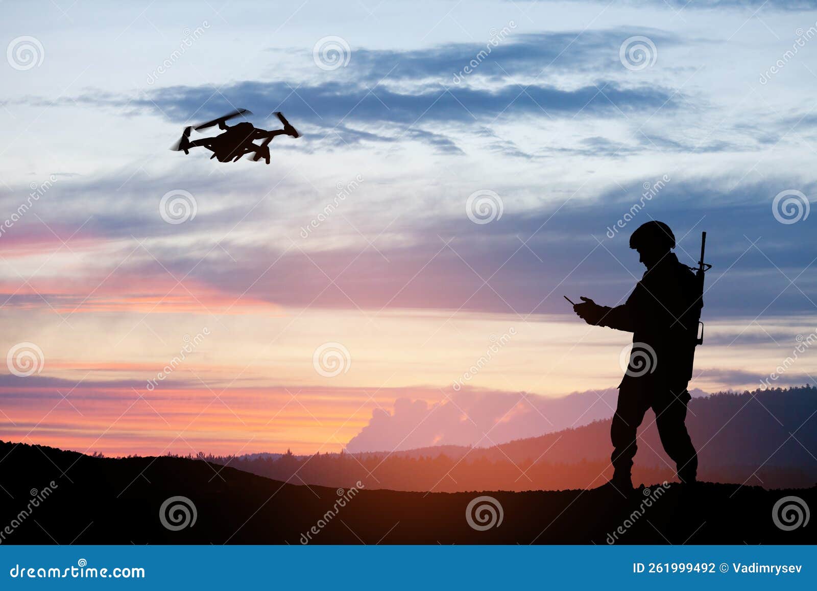 Silhouettes of Soldiers are Using Drone and Laptop Computer for ...