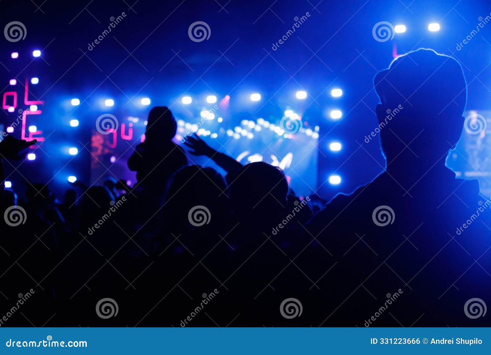 Silhouettes of Spectators Against a Background of Blue Light at a ...