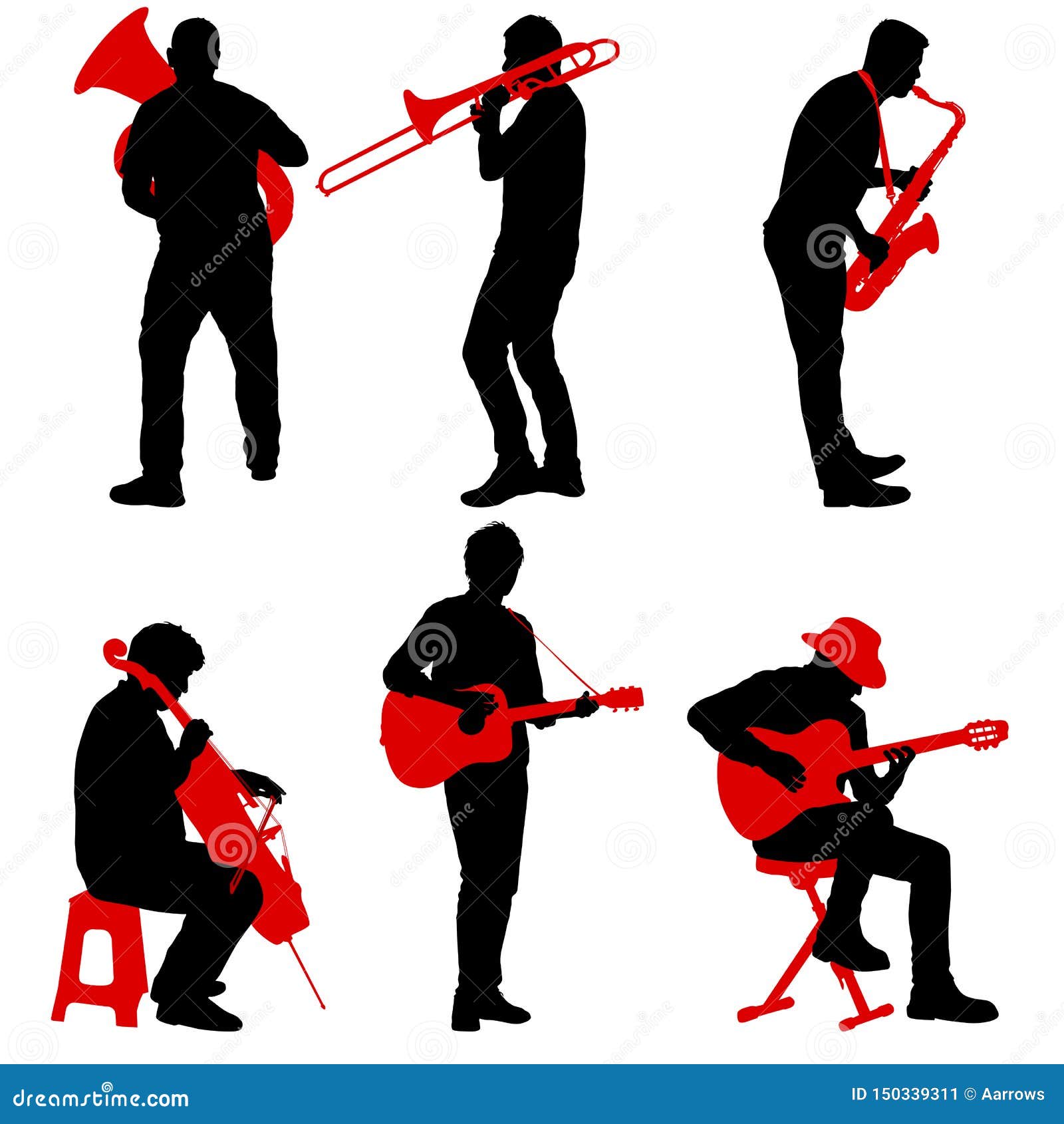 Silhouettes Street Musicians Playing Instruments on a White Background ...