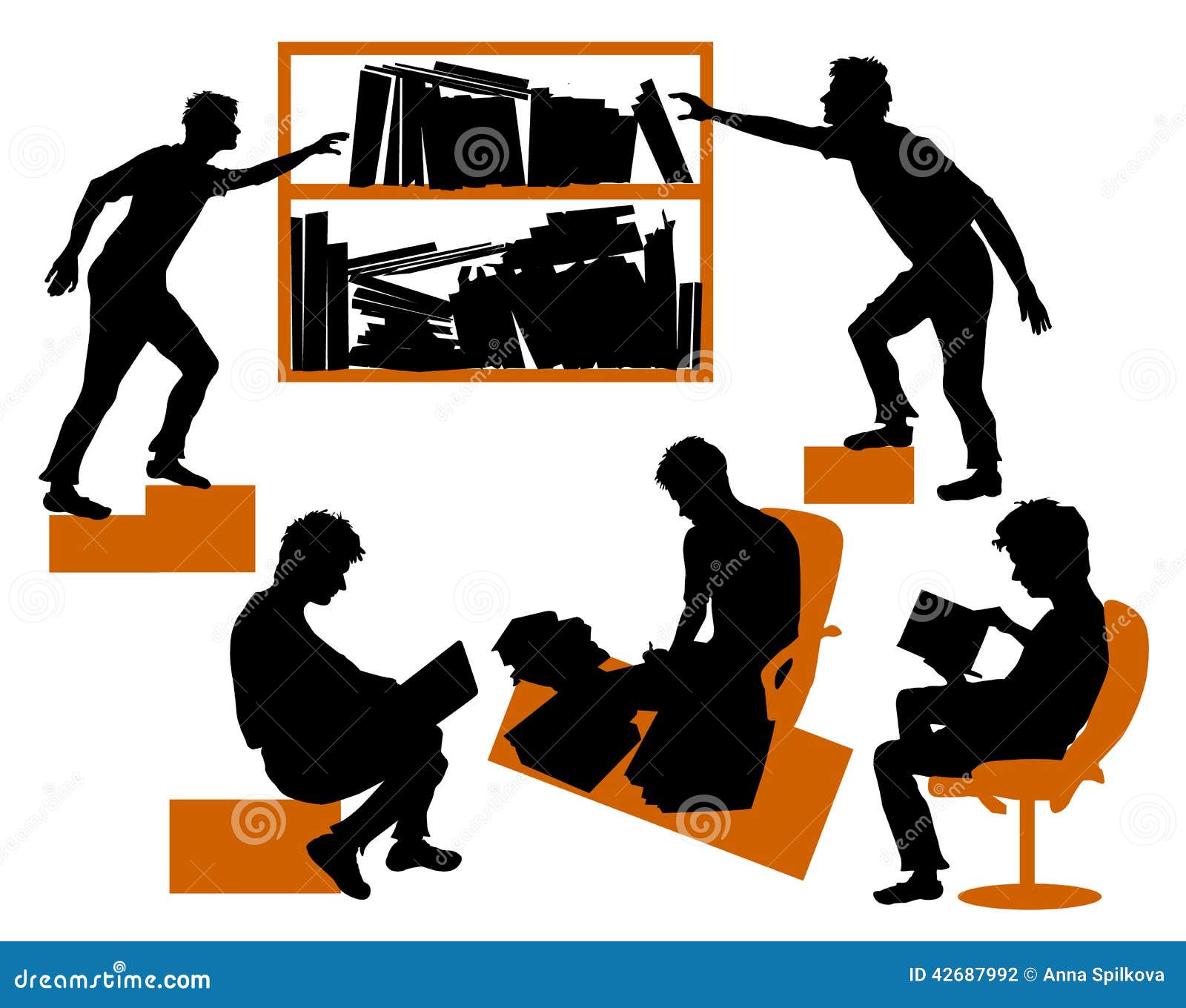 Silhouettes of Students Learning in Library Stock Vector - Illustration ...