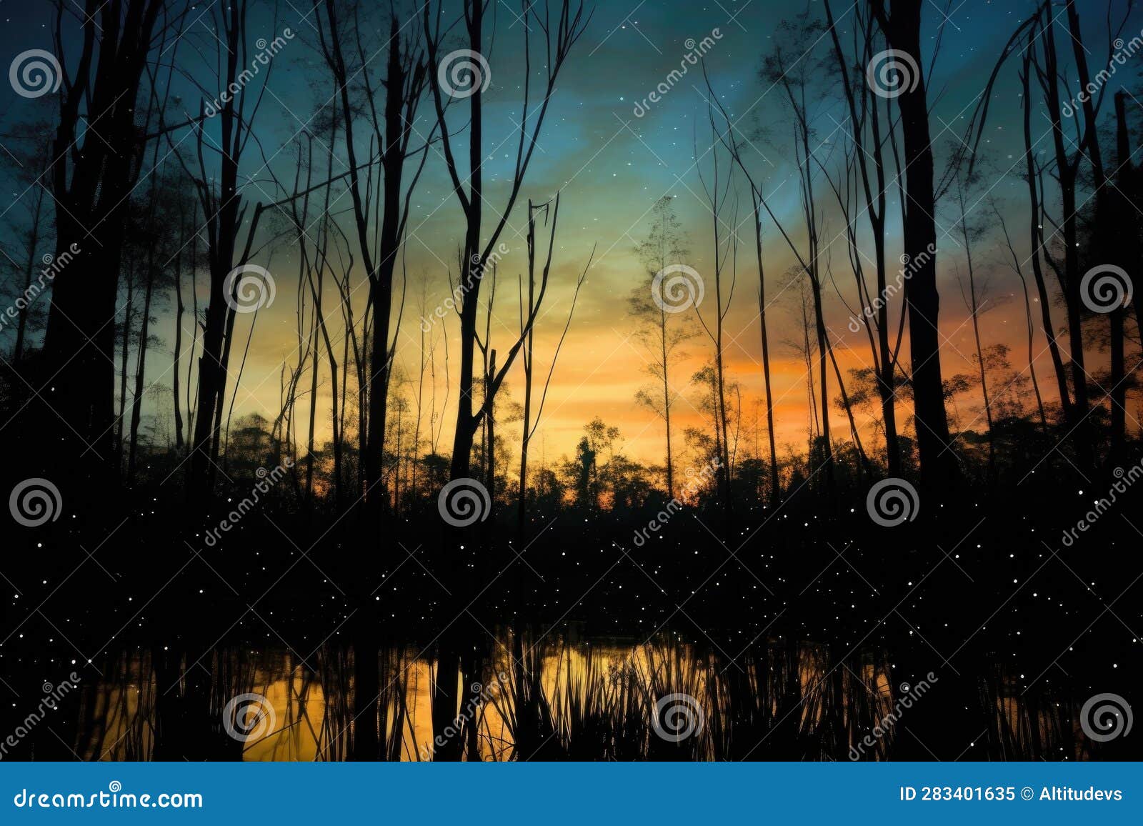 Silhouettes of Swamp Plants Against Firefly-lit Sky Stock Image - Image ...