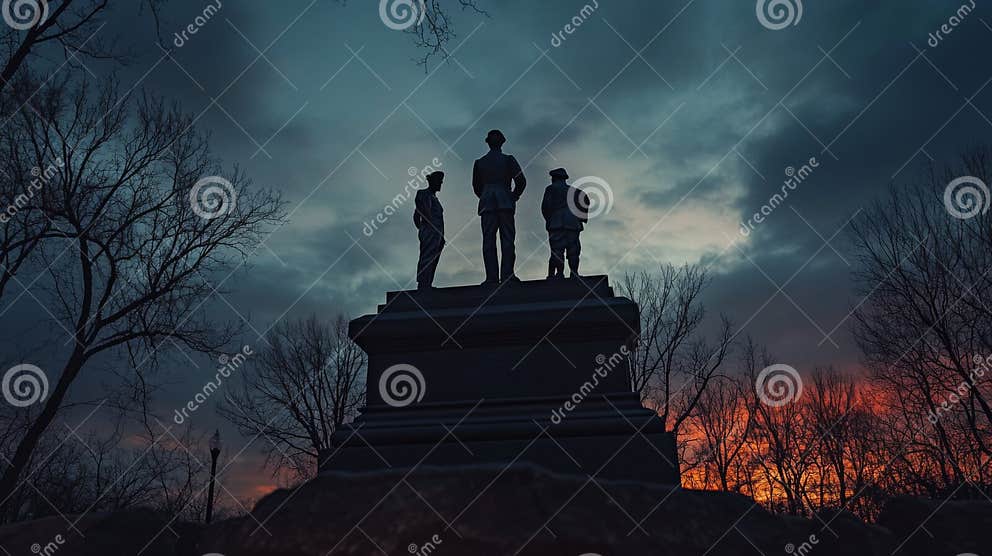 Silhouettes of Three Statues Against a Dramatic Twilight Sky Stock ...