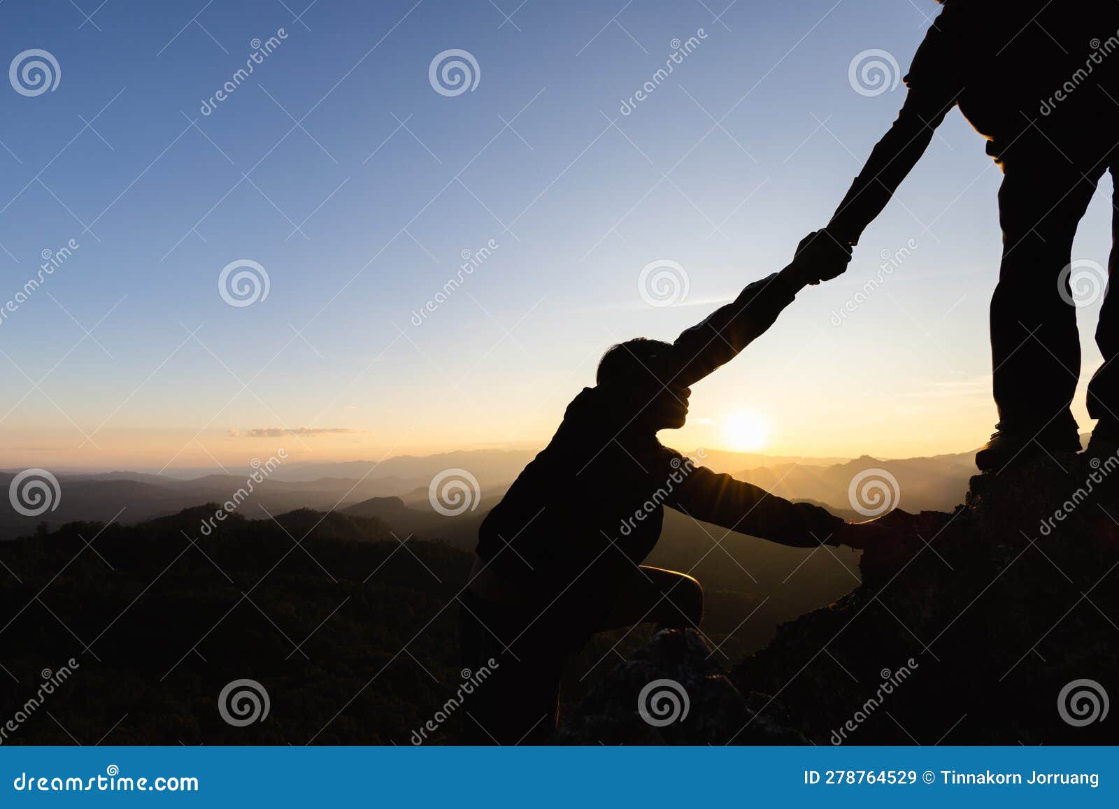 Silhouettes of Two People Climbing on Mountain and Helping. Help and ...