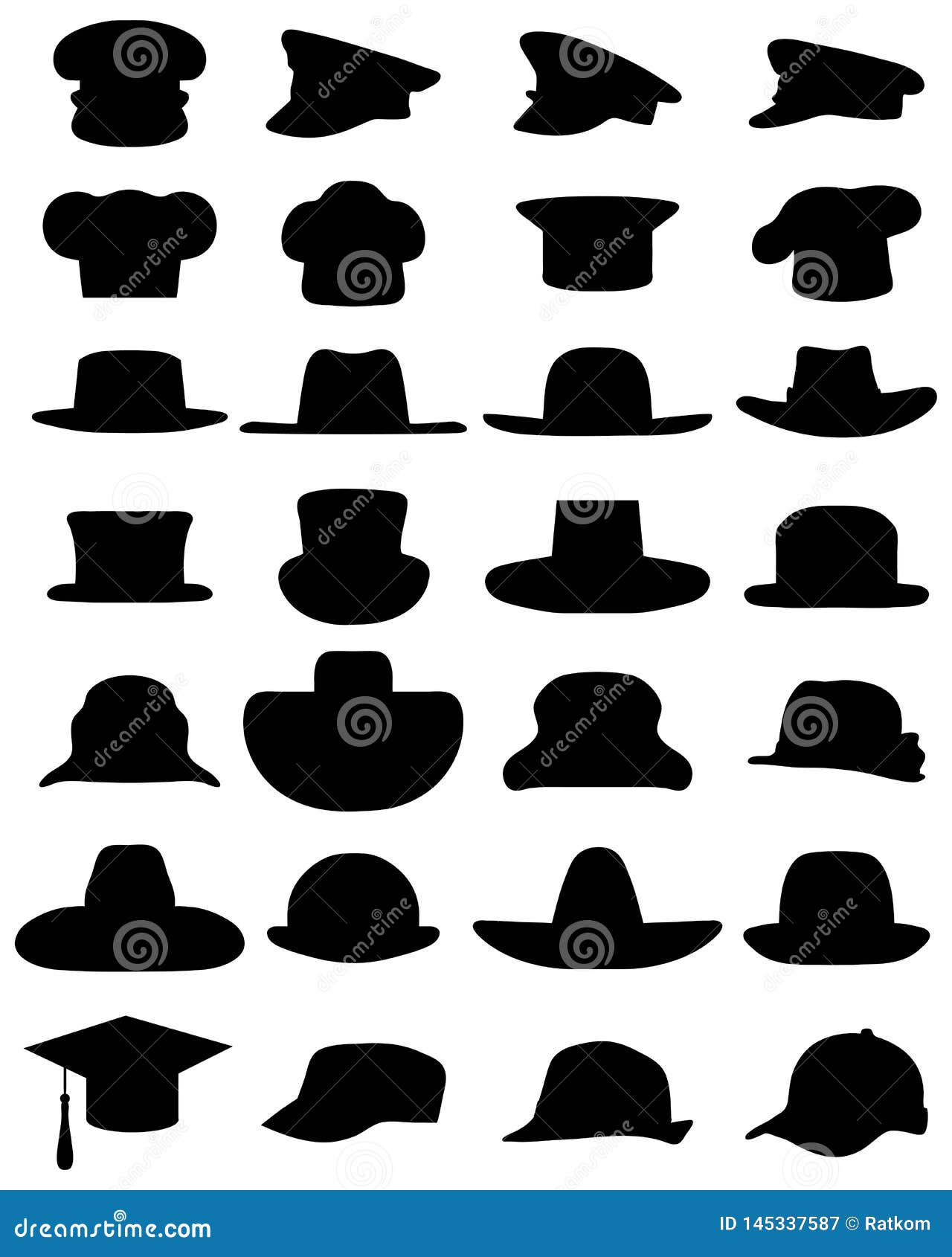 Silhouettes of Various Caps and Hats Stock Illustration - Illustration ...