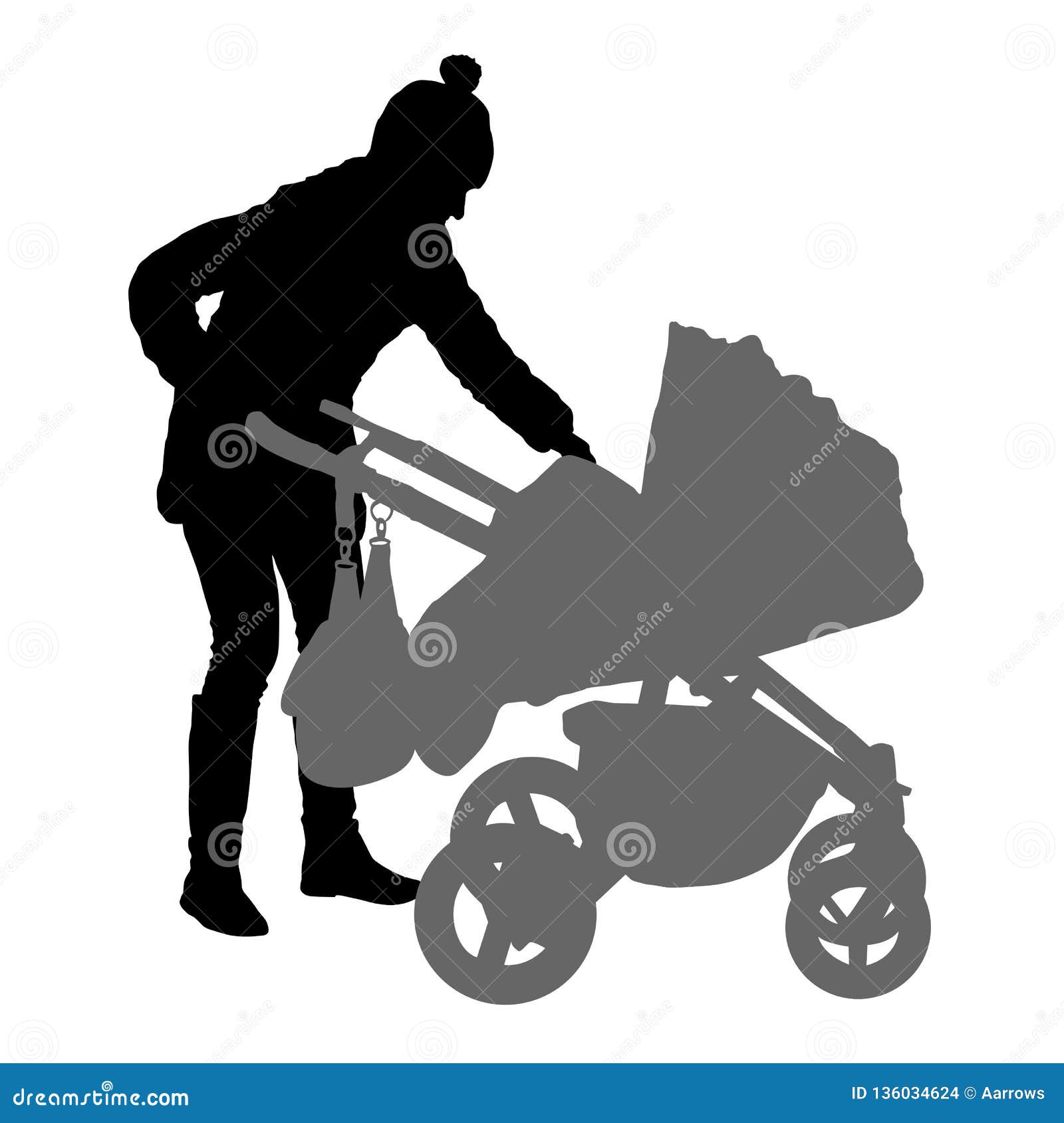 Silhouettes Walkings Mothers with Baby Strollers on White Background ...