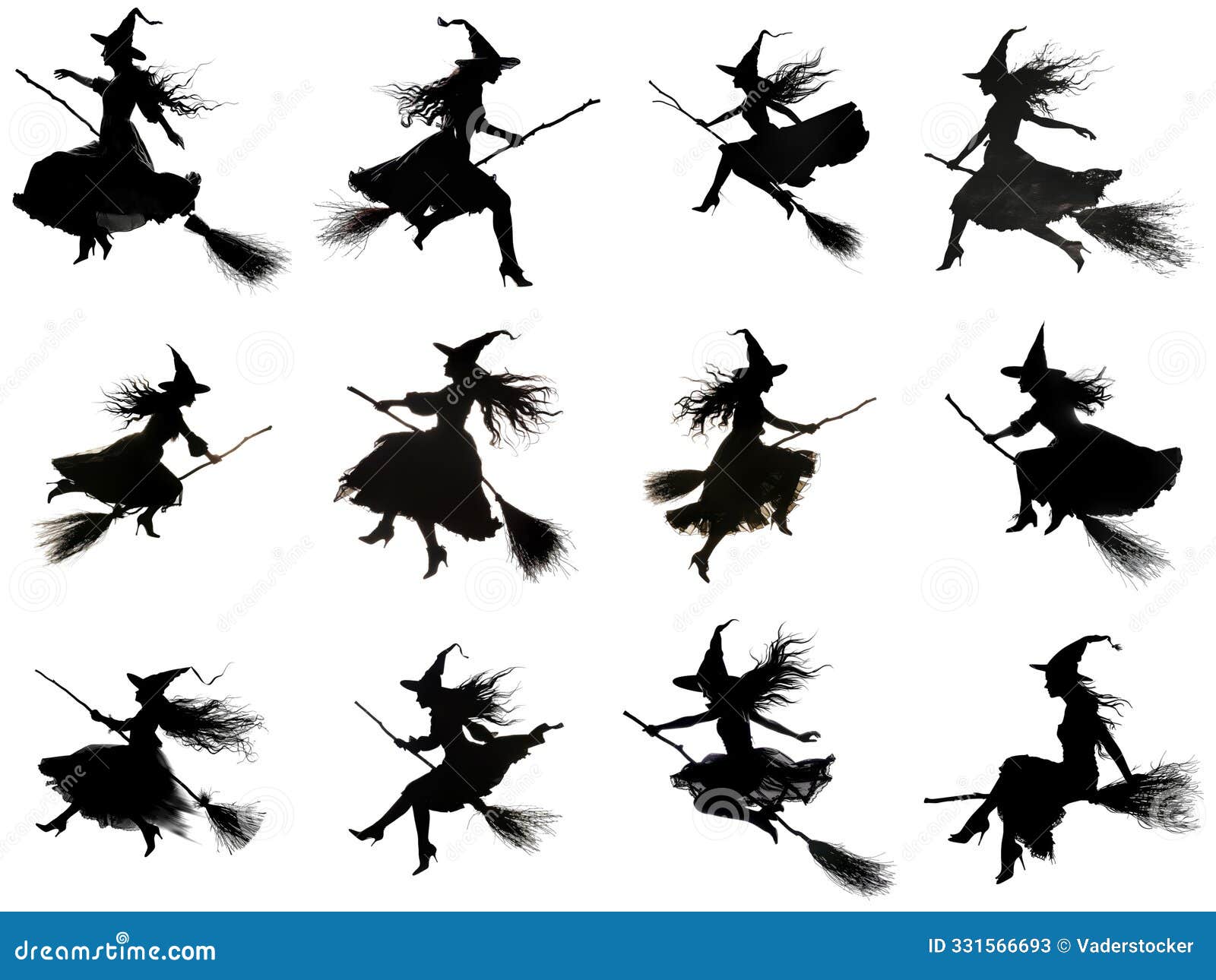 Silhouettes of Witches Flying on Broomsticks Stock Illustration ...