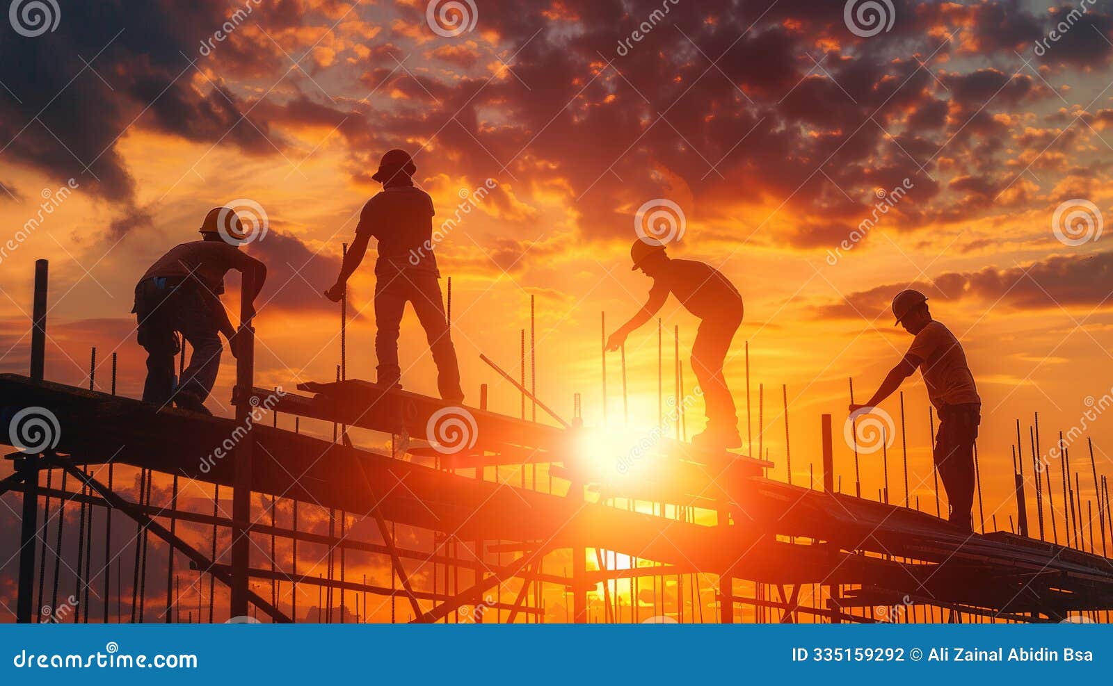 Silhouettes of Workers on a Construction Site at Sunset Stock ...