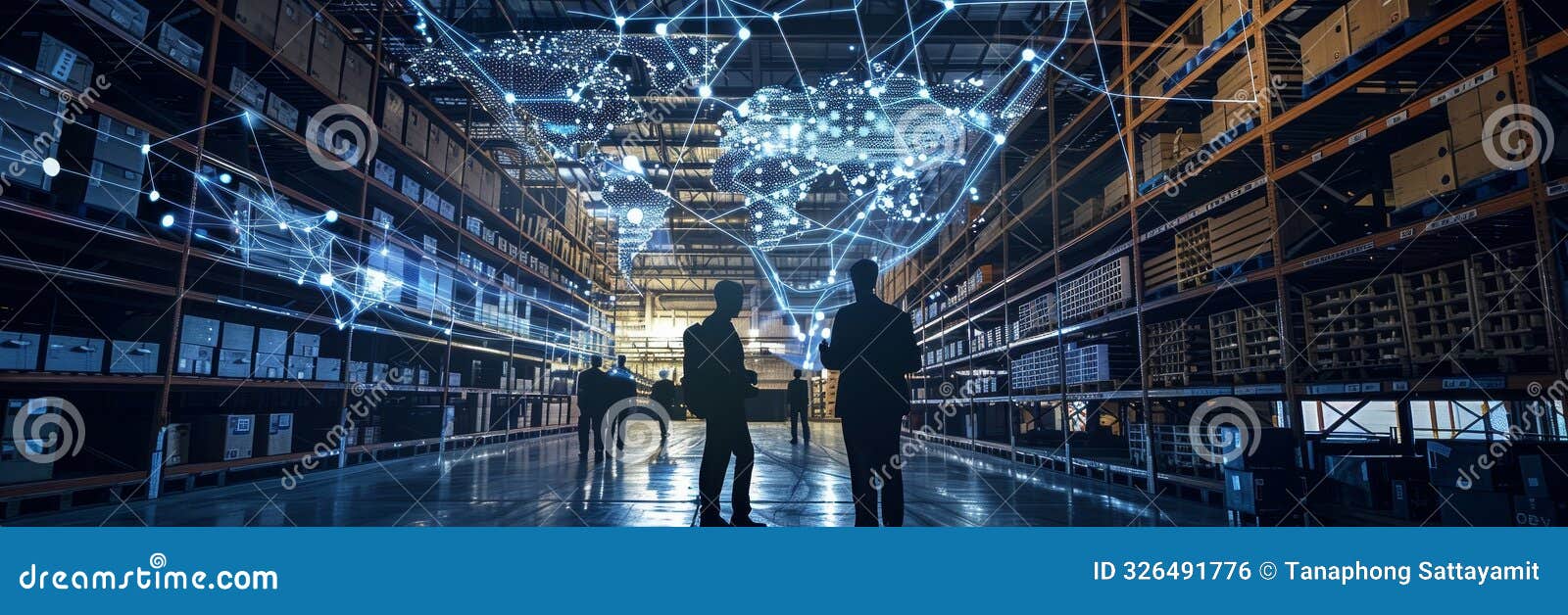 Global Distribution Network in Modern Warehouse Silhouettes of Workers ...
