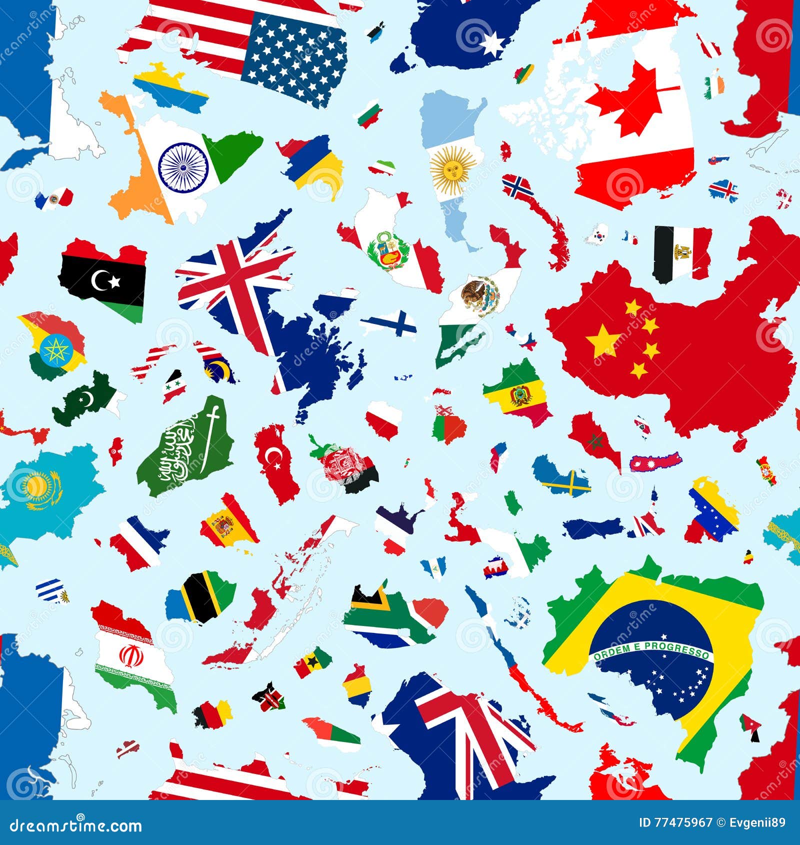 Silhouettes of World Sovereign States with Countries Flags on Blue ...