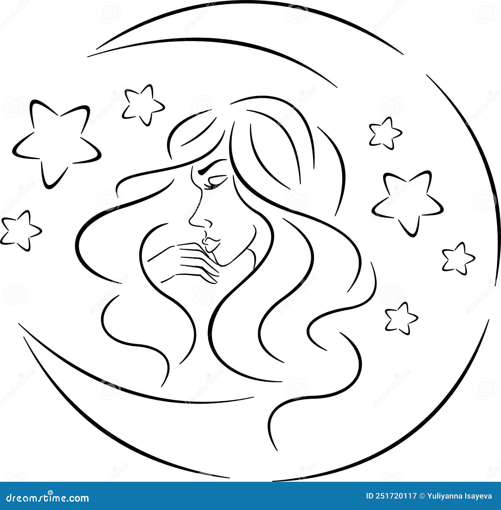 Silhueta De Uma Garota Com Lua E Estrelas. Ilustração do Vetor ...
